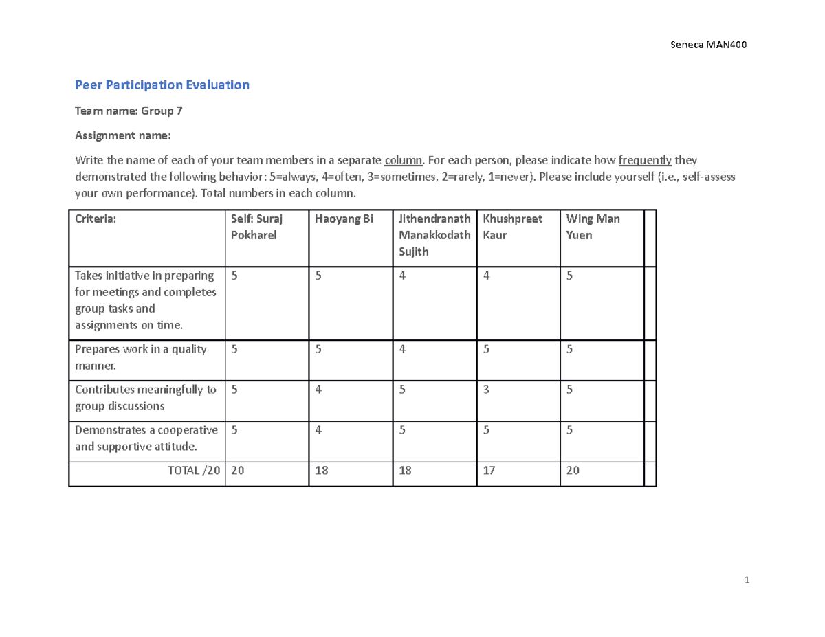 Peer Evaluation Template - Seneca MAN Peer Participation Evaluation ...