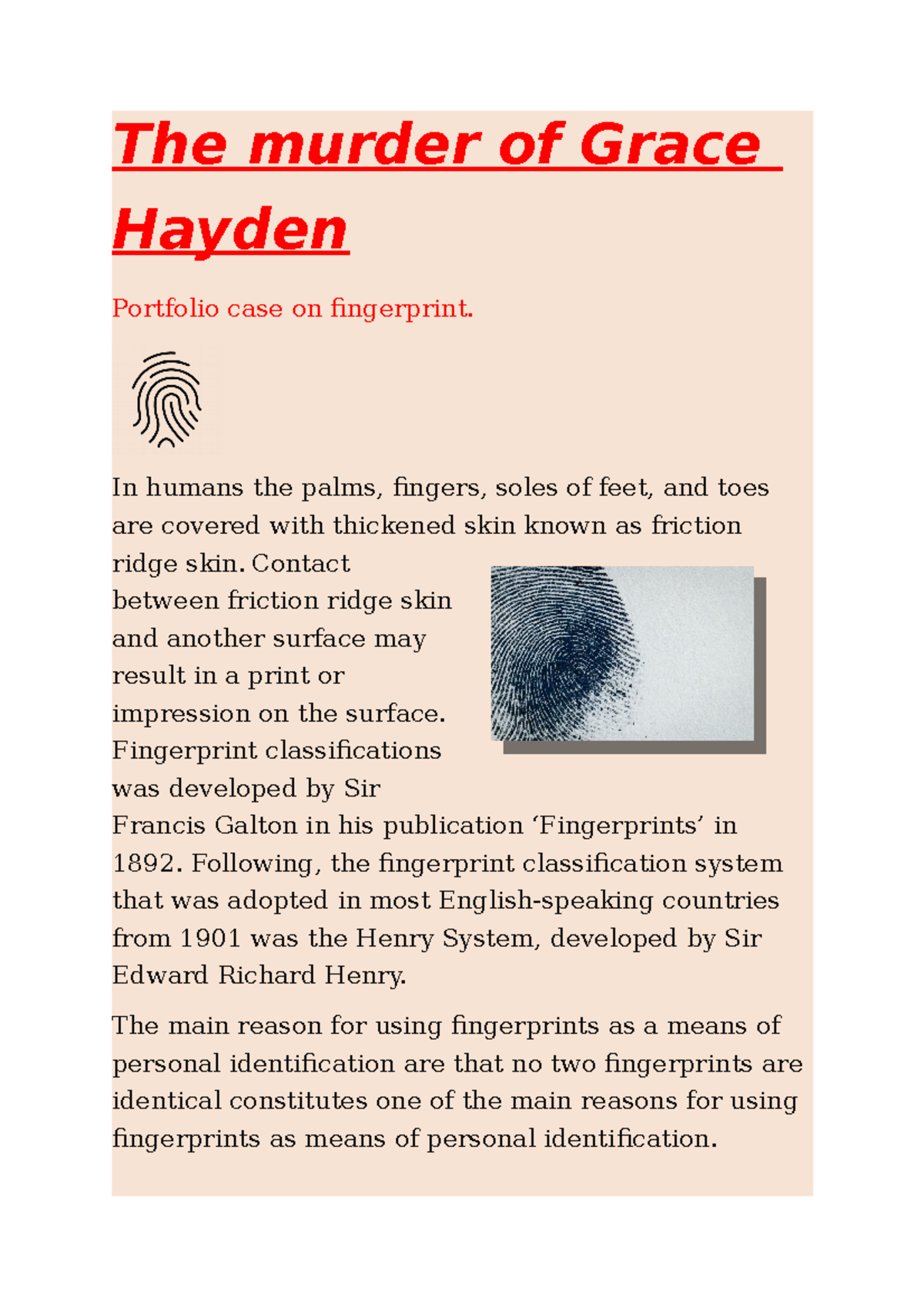 Fingerprint crime case - The murder of Grace Hayden Portfolio case on ...