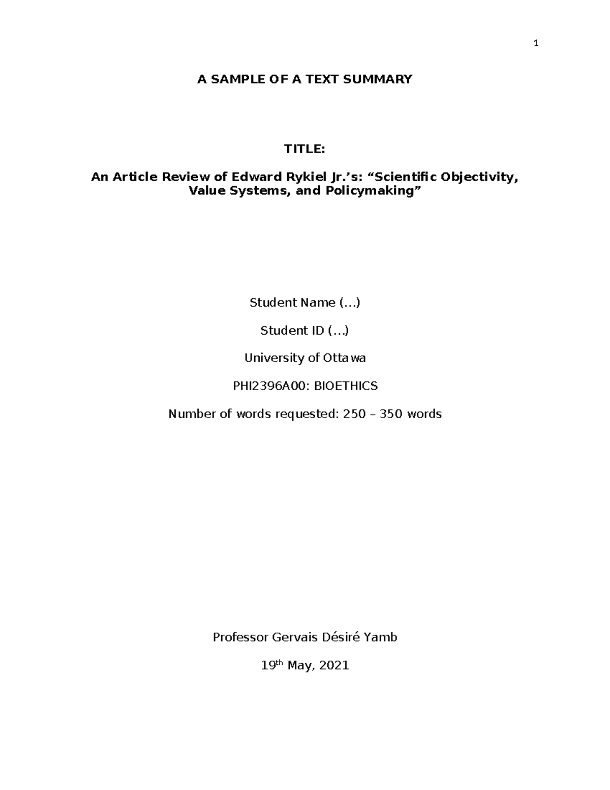 A Sample - Text Summary. PHI2396 J00 - 1 A SAMPLE OF A TEXT SUMMARY ...