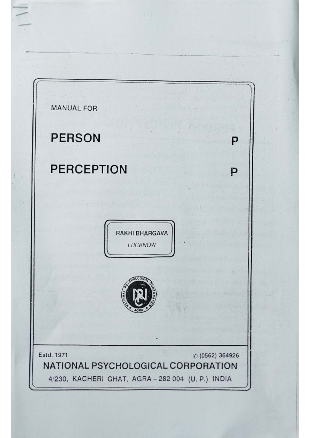 PP Practical for 1 - MANUAL FOR PERSON P PERCEPTION P RAKHI BHARGAVA ...