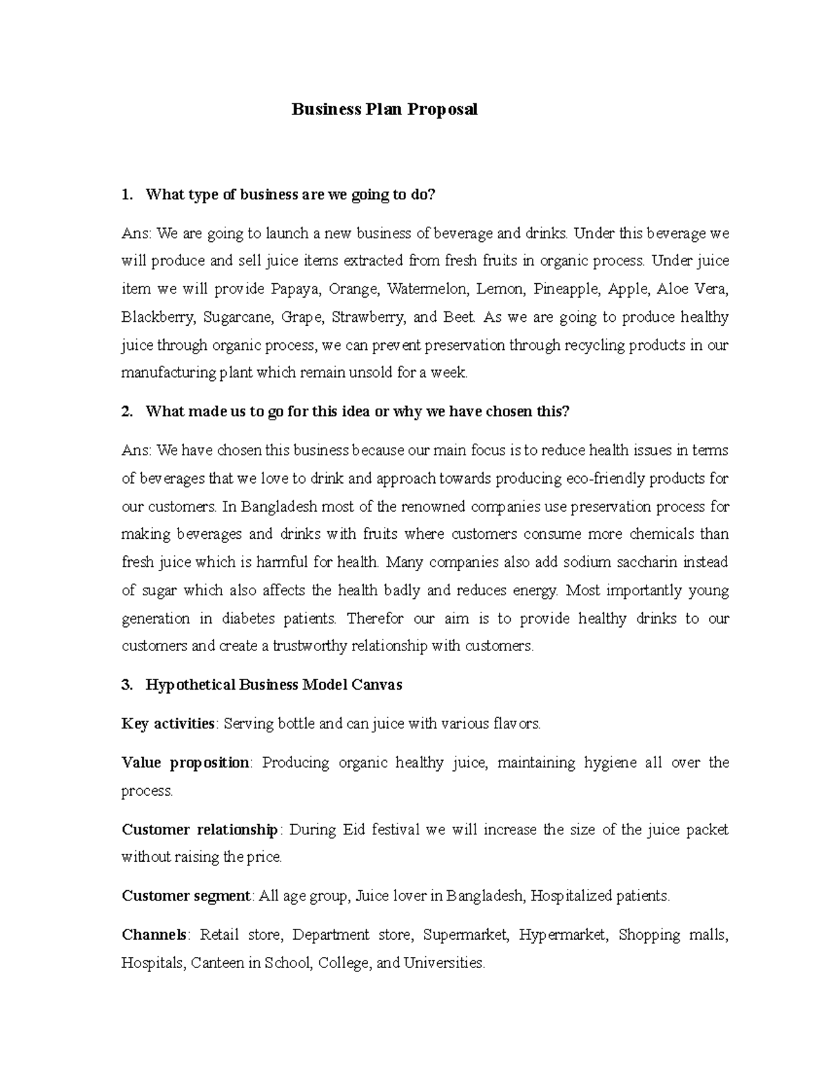 Business Plan Proposal for Entrepreneurship - Business Plan Proposal 1 ...