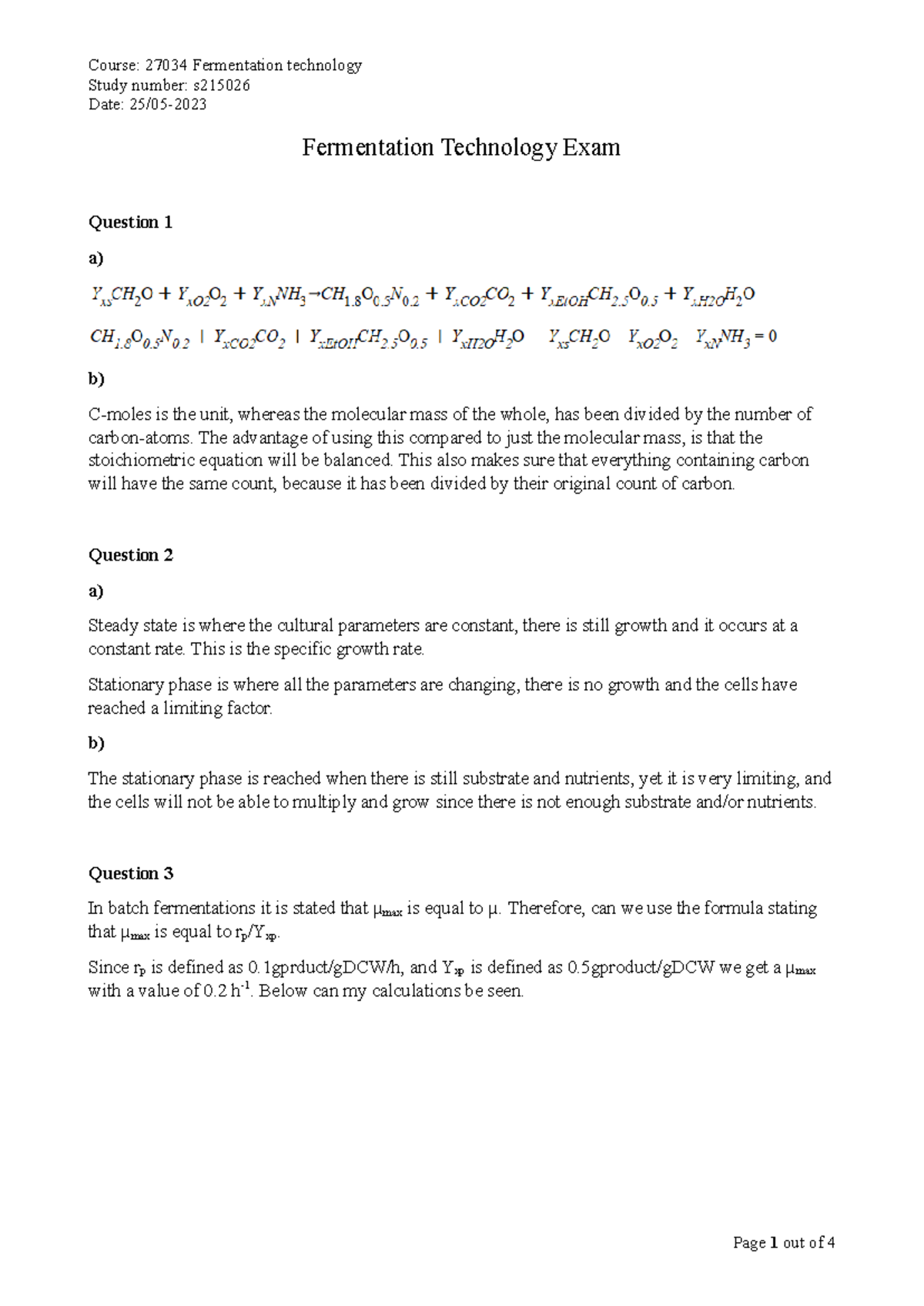 Fermentation Technology Exam - Study number: s Date: 25/05- Fermentation Technology Exam ...