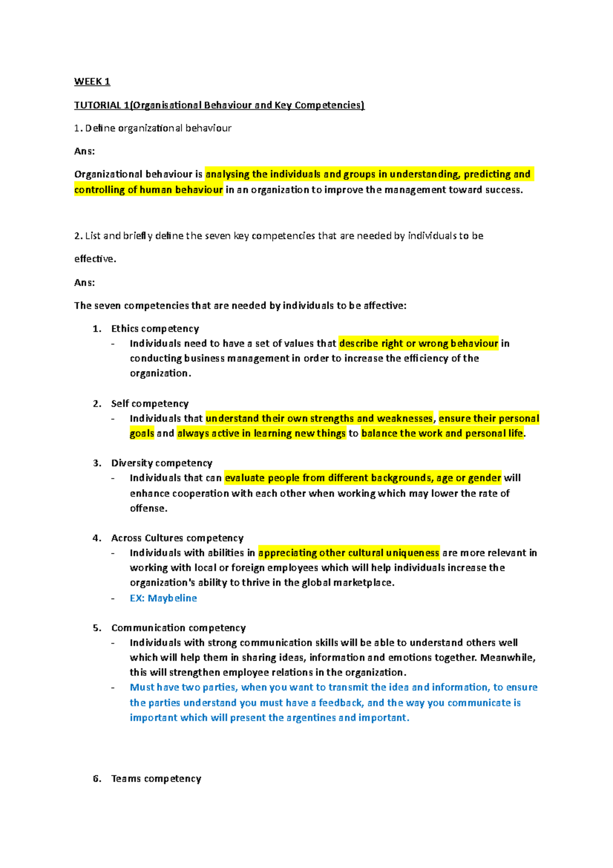 WEEK 1 (Tutorial 1) DONE - WEEK 1 TUTORIAL 1(Organisational Behaviour and Key Competencies ...