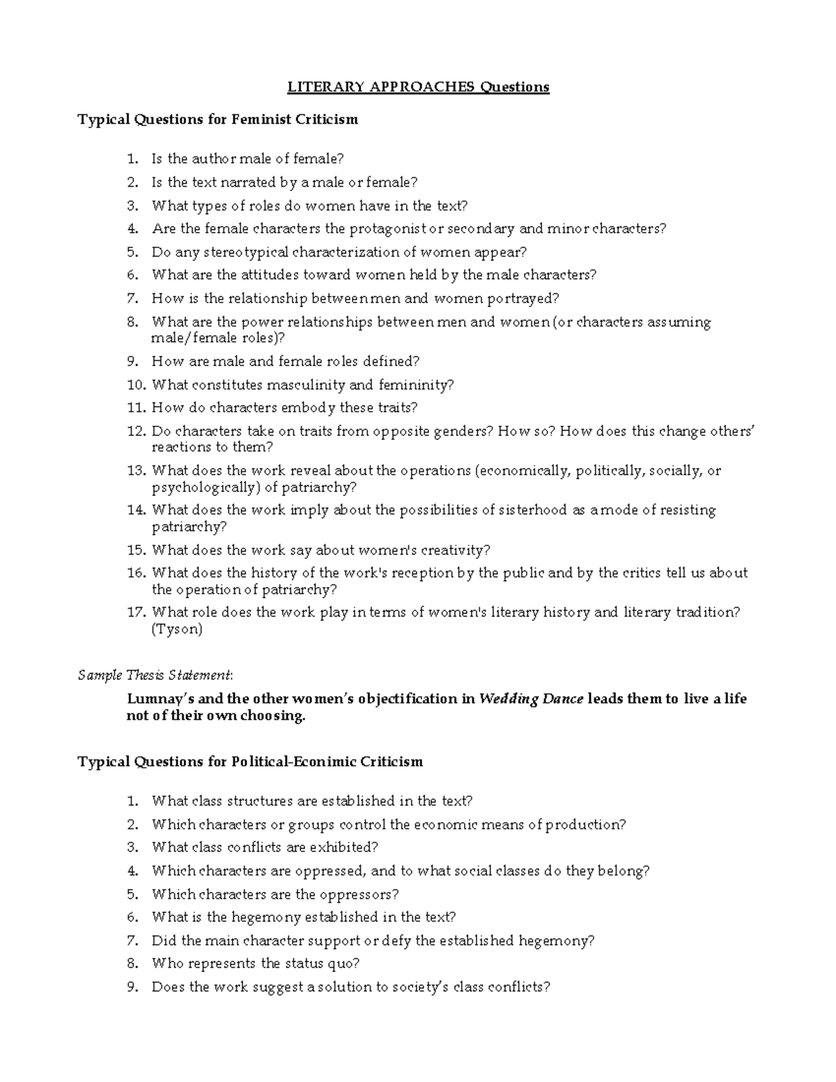 Notes Literary Approaches Questions - LITERARY APPROACHES Questions ...