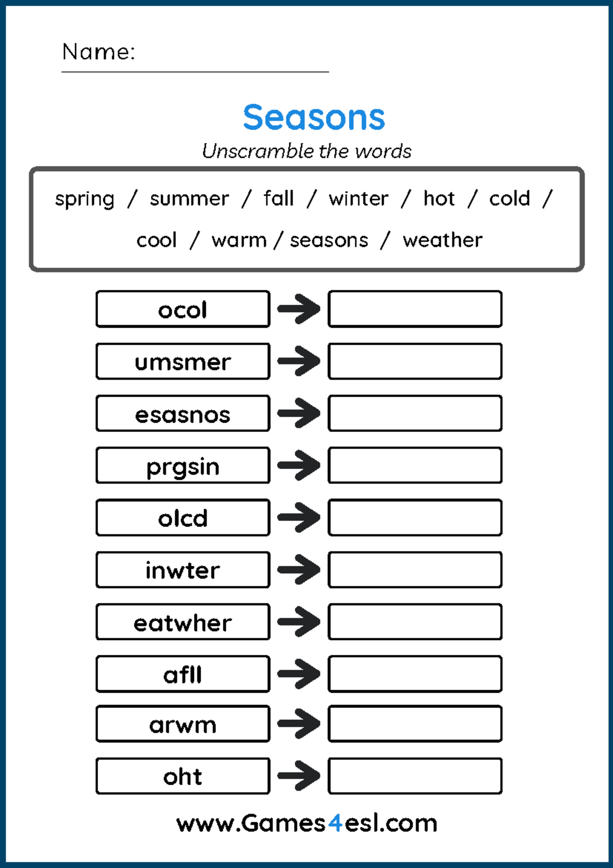 Seasons-Worksheets-4 - Tiếng anh chuyên ngành - Name: Unscramble the ...