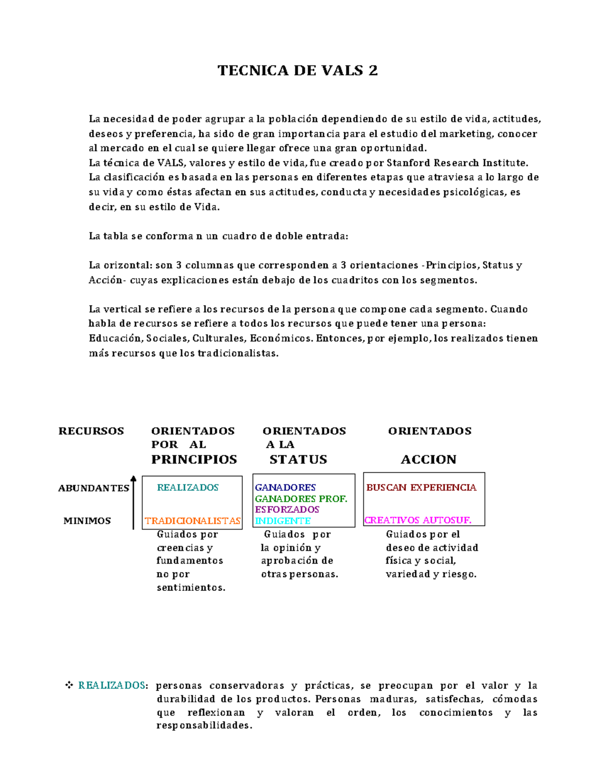Tecnica DE VALS II - TECNICA DE VALS 2 La necesidad de poder agrupar a ...