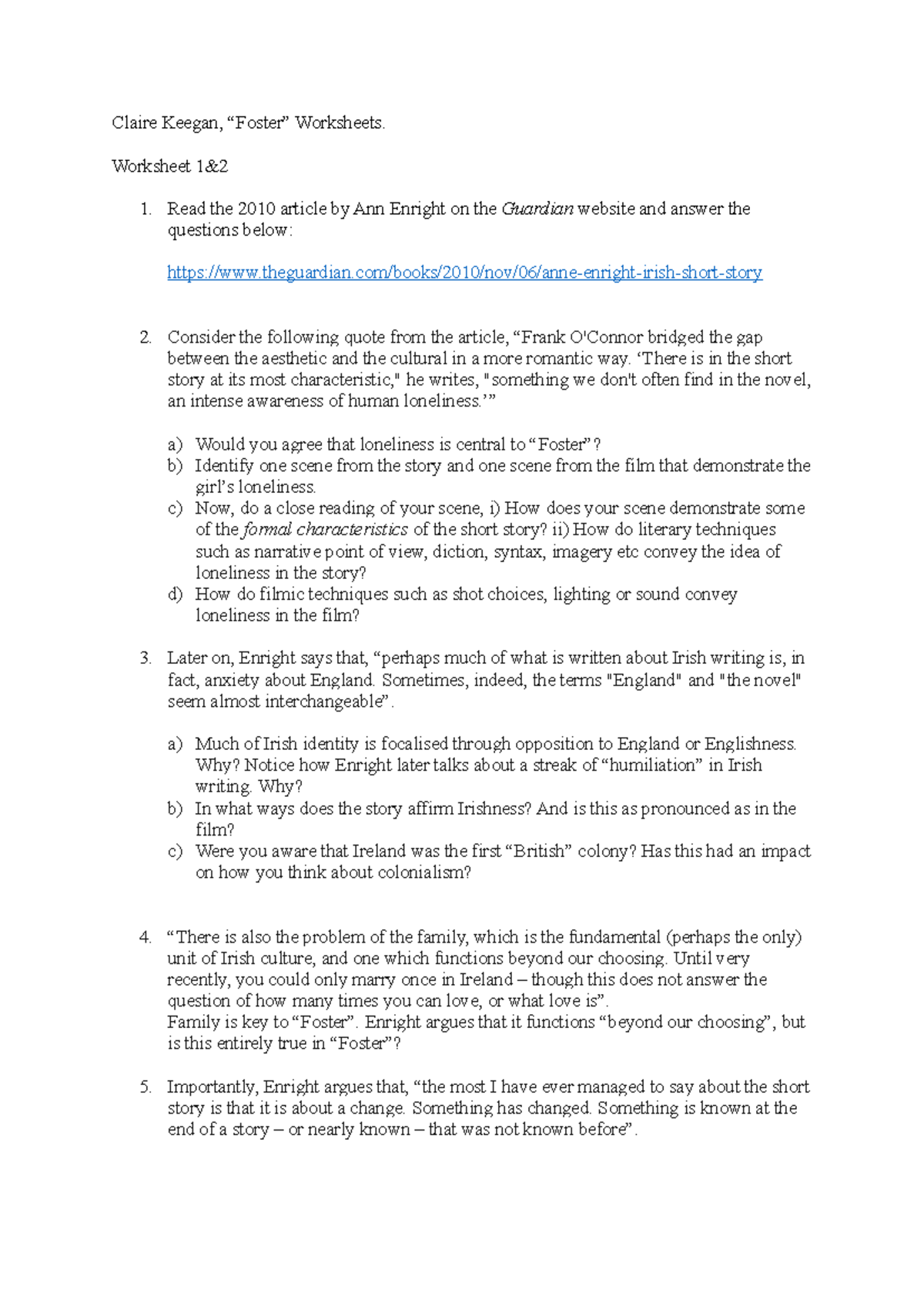 Claire Keegans Foster Worksheet 1 2 - Claire Keegan, “Foster ...