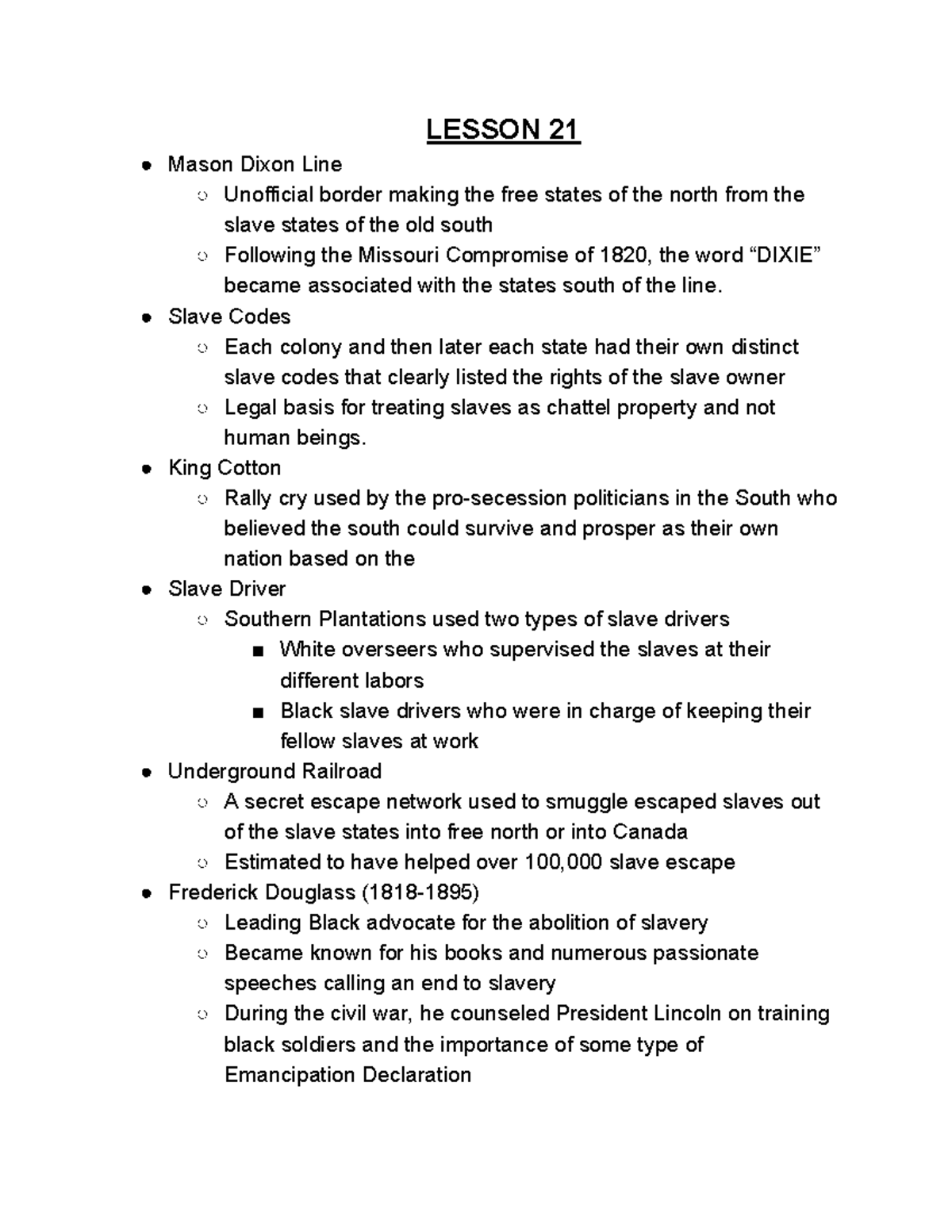 Lesson 21 AMH 2010 - Lecture notes 1 - LESSON 21 Mason Dixon Line ...