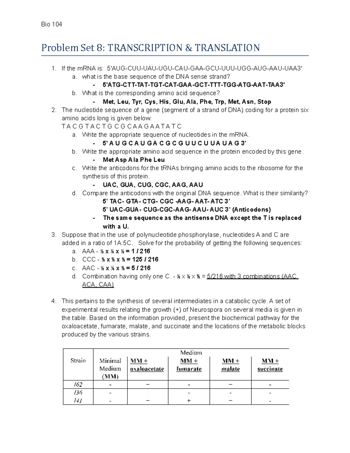 BIOL104 YA PS8 Group 5 - Bio 104 Problem Set 8: TRANSCRIPTION ...