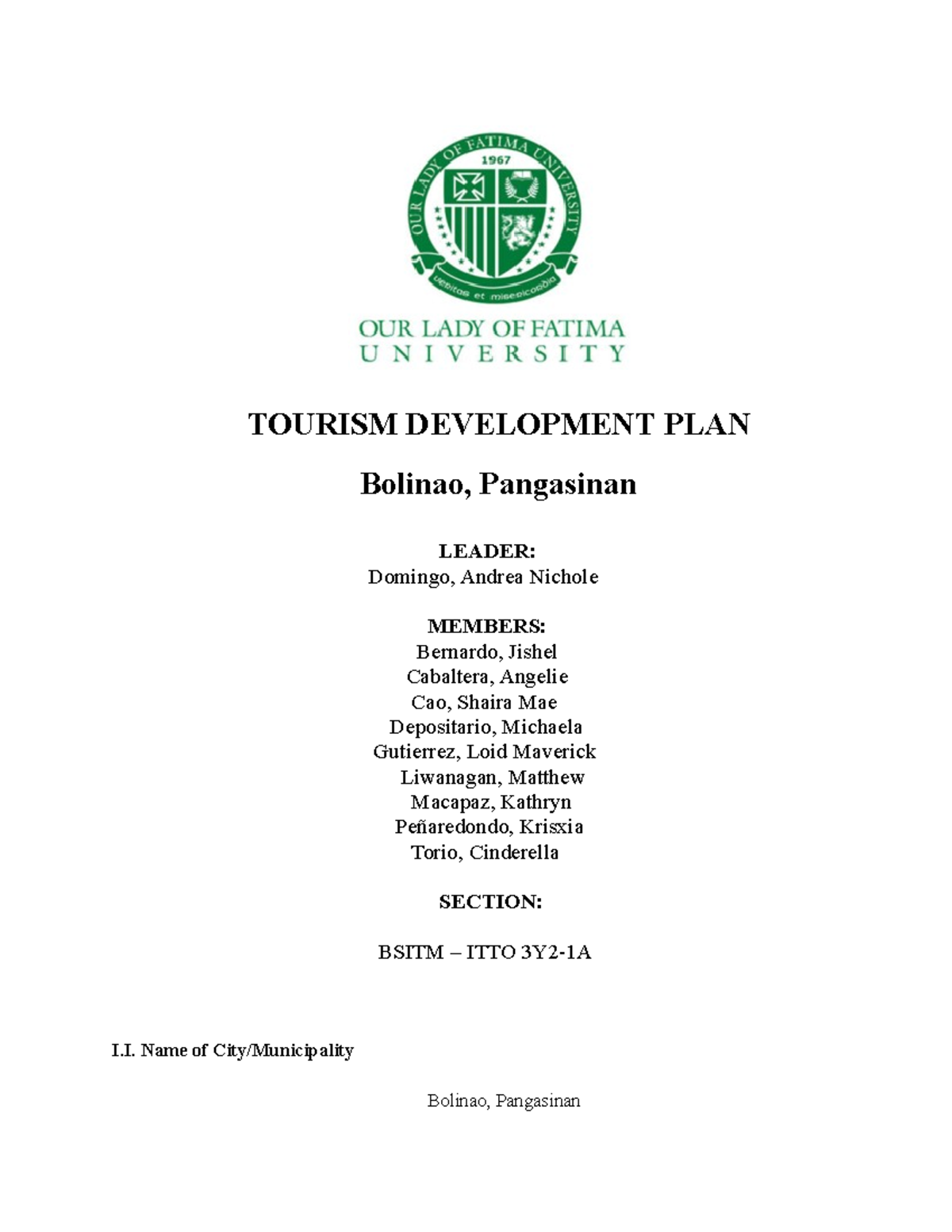 Tourism Development PLAN - TOURISM DEVELOPMENT PLAN Bolinao, Pangasinan ...