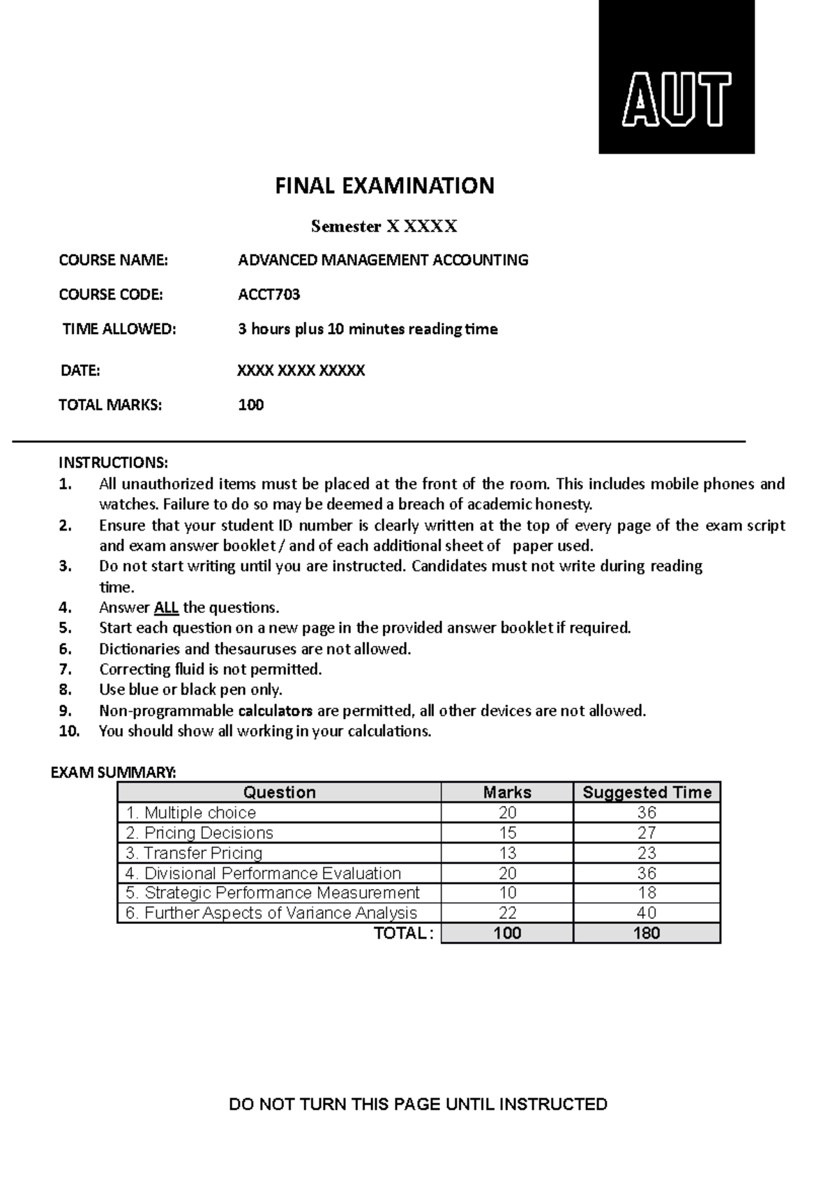Sample Questions For Exam Structure - FINAL EXAMINATION Semester X XXXX ...