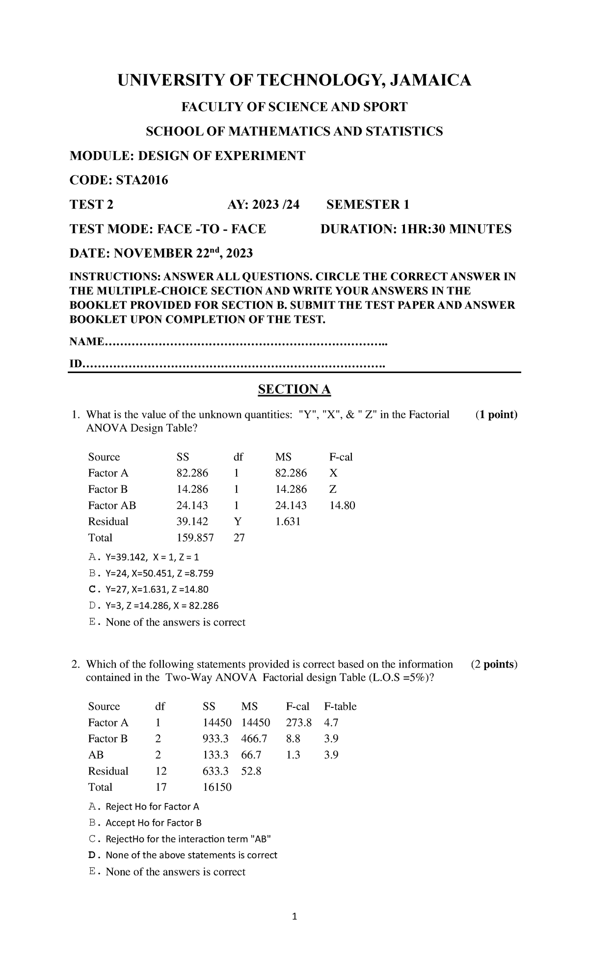 DOE-TEST 2- November-22ND -2023- Semester 1-AY2023-24 Final-TEST 1 ...