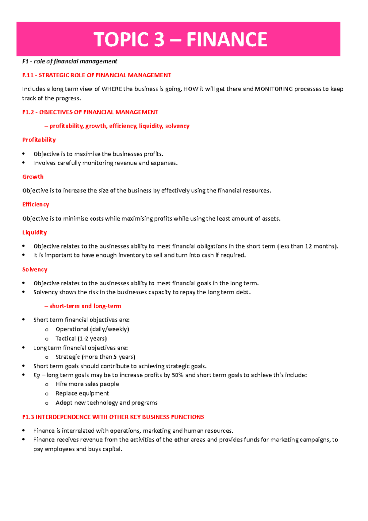 Topic 3 - Finance - F1 - role of financial management F - STRATEGIC ...