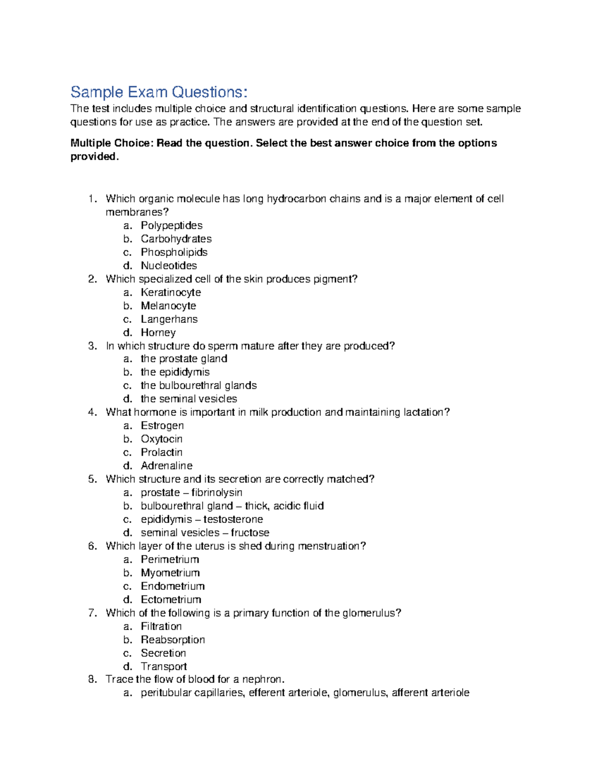 General Anatomy & Physiology Sample Exam Questions - Sample Exam ...