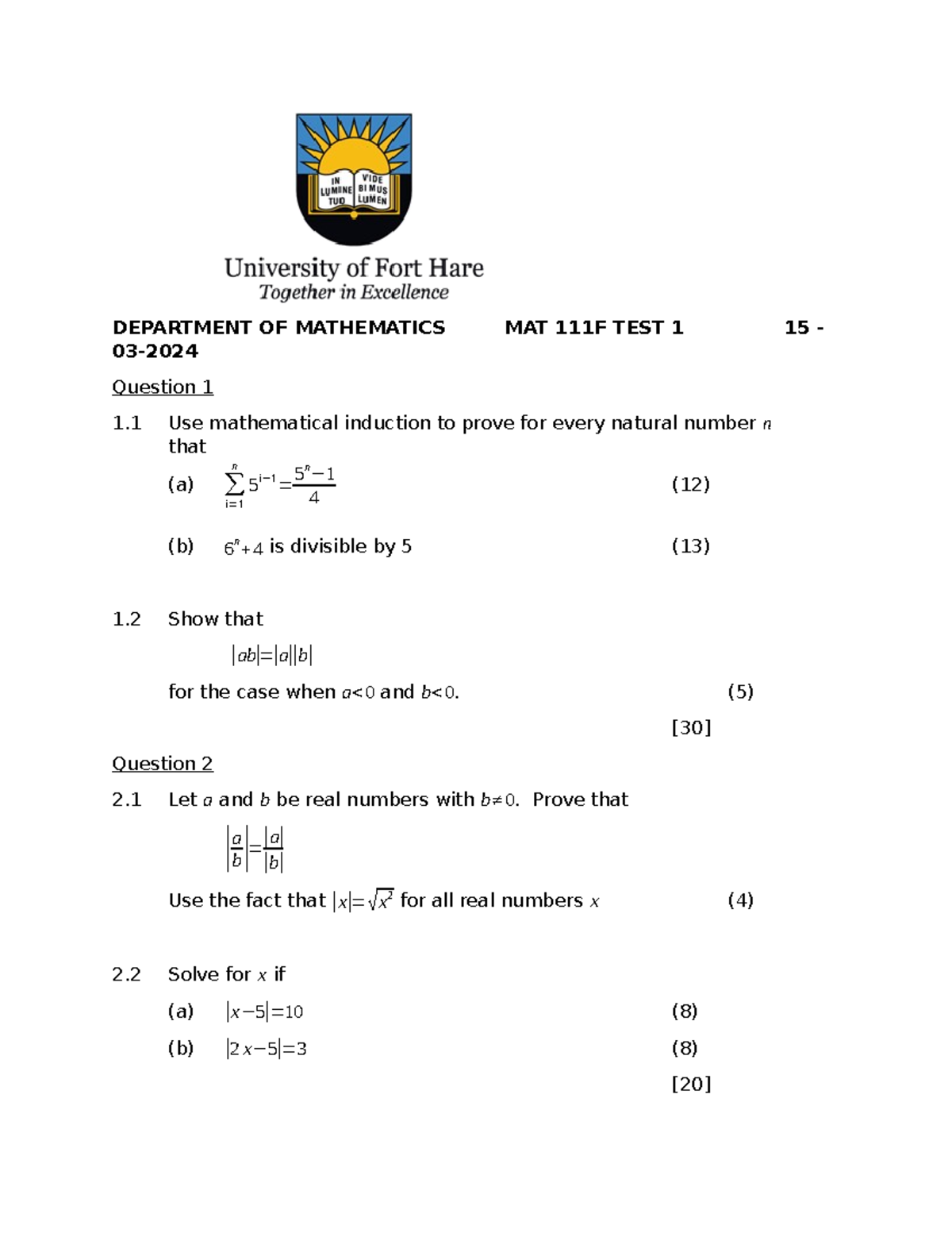 MAT 111F Test 1 of 2024 - I'm doing calculus in my first year of ...