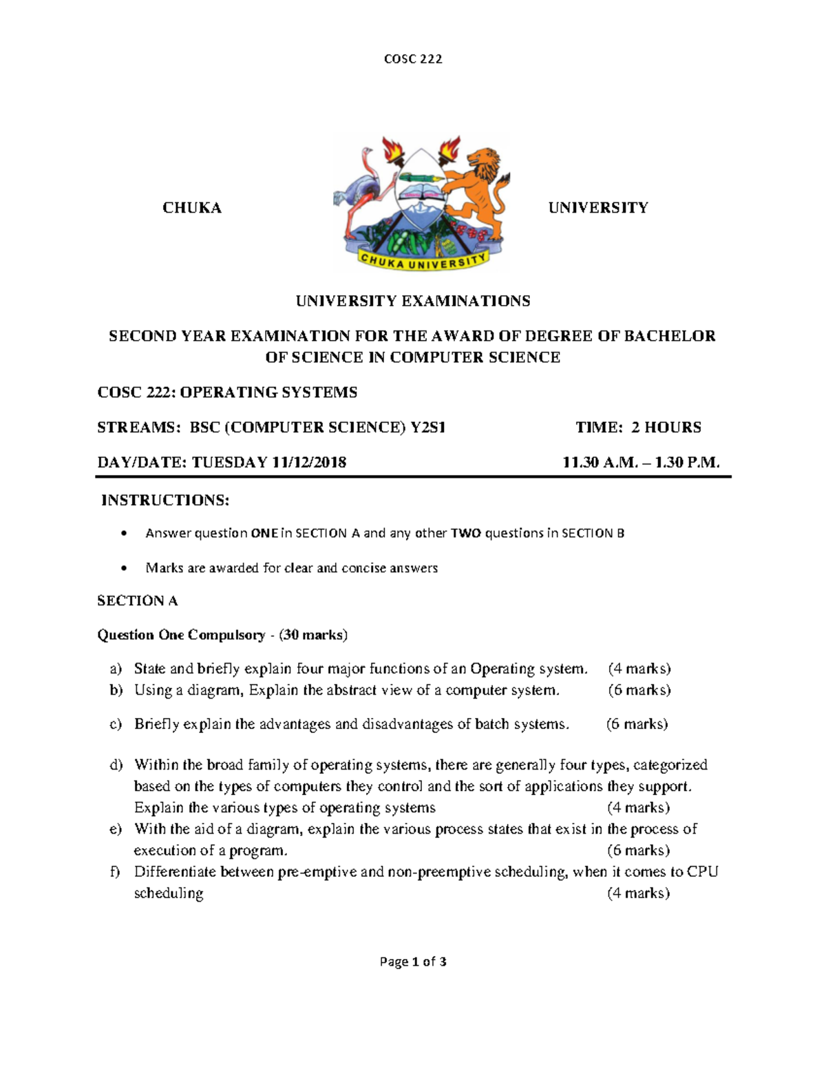 COSC 222 Operating System EXAM 02 - COSC 222 Page 1 of 3 CHUKA UNIVERSITY UNIVERSITY ...
