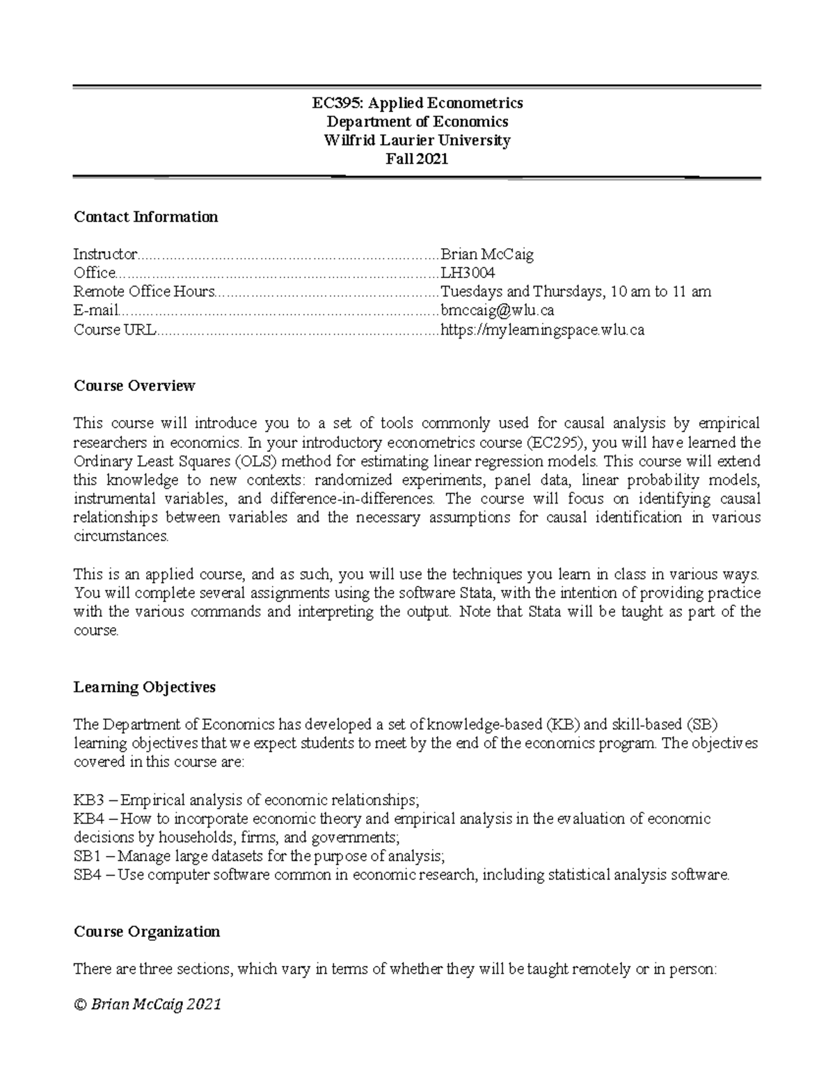 EC395 Course Outline - Fall 2021 - EC395: Applied Econometrics ...