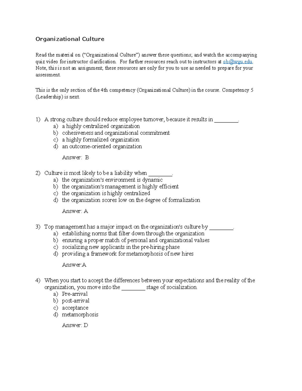 Organizational culture multiple choice questions. jan2023 ...