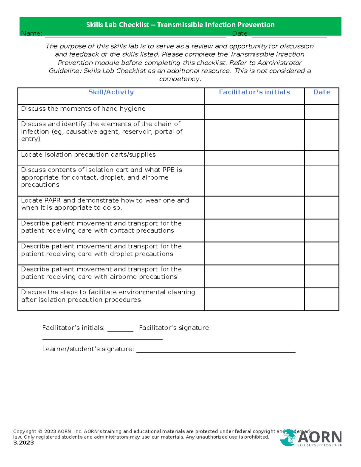 Skills Lab Checklist Transmissible Infection Prevention - Name: - Studocu
