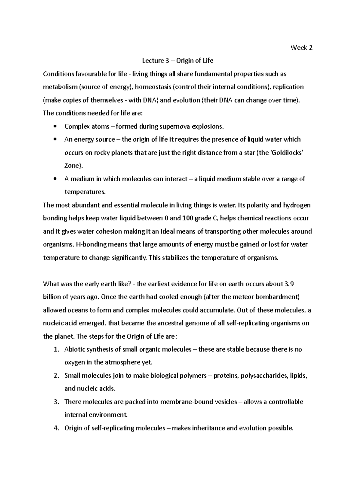 Notes BIO1310 - Week 2 Lecture 3 – Origin of Life Conditions favourable ...