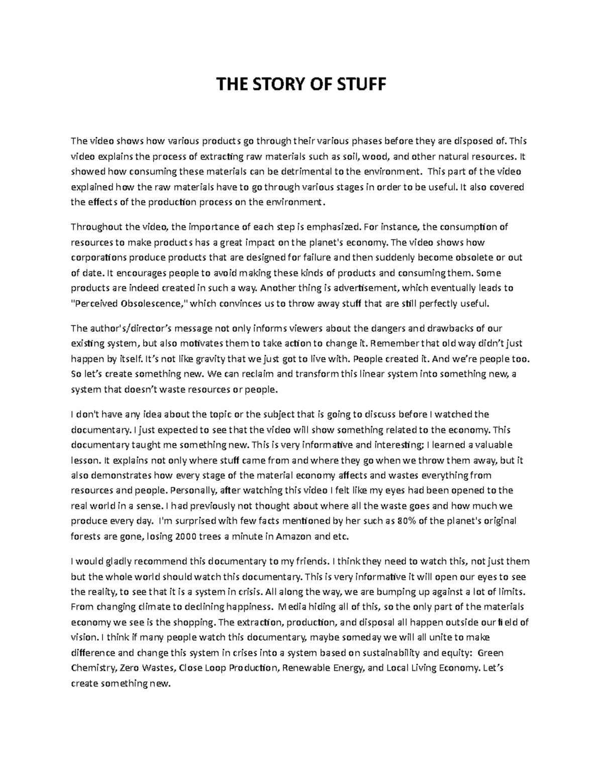 THE STORY OF STUFF REFLECTION ECON 111 - THE STORY OF STUFF The video ...