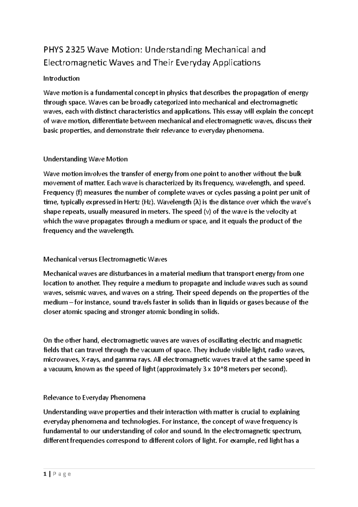PHYS 2325 Wave Motion - PHYS 2325 Wave Motion: Understanding Mechanical and Electromagnetic ...