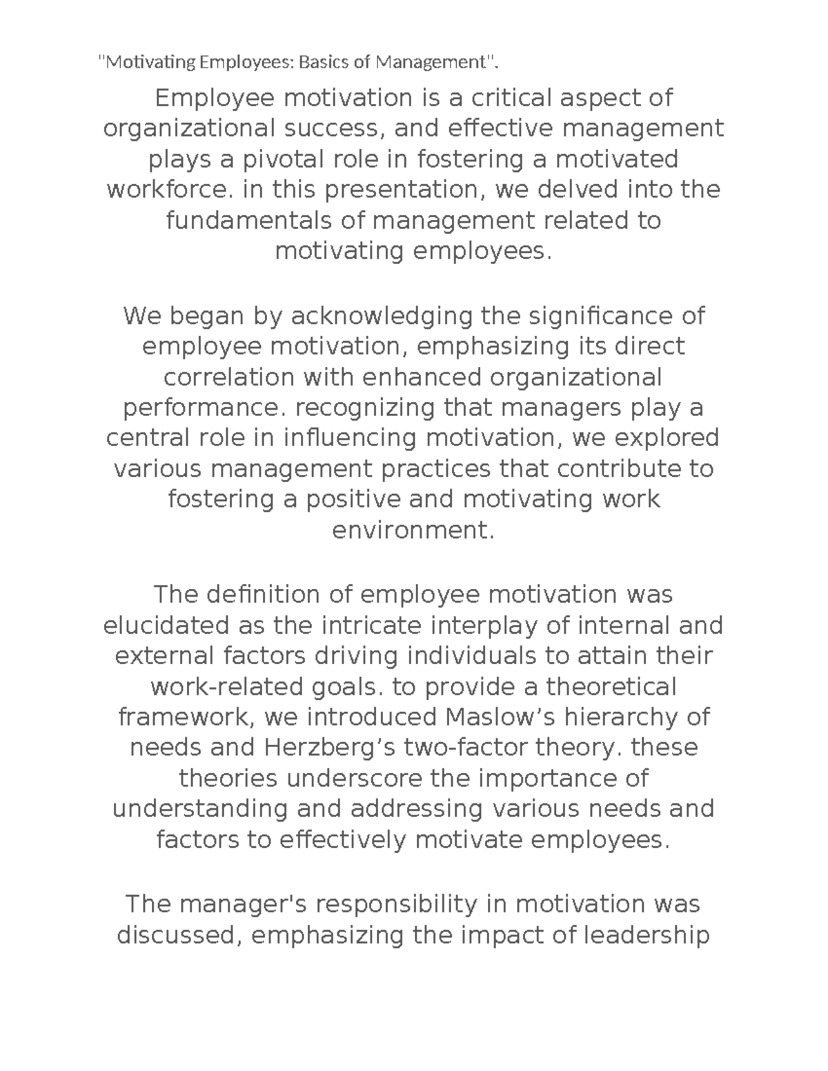 Motivating Employees - "Motivating Employees: Basics of Management ...
