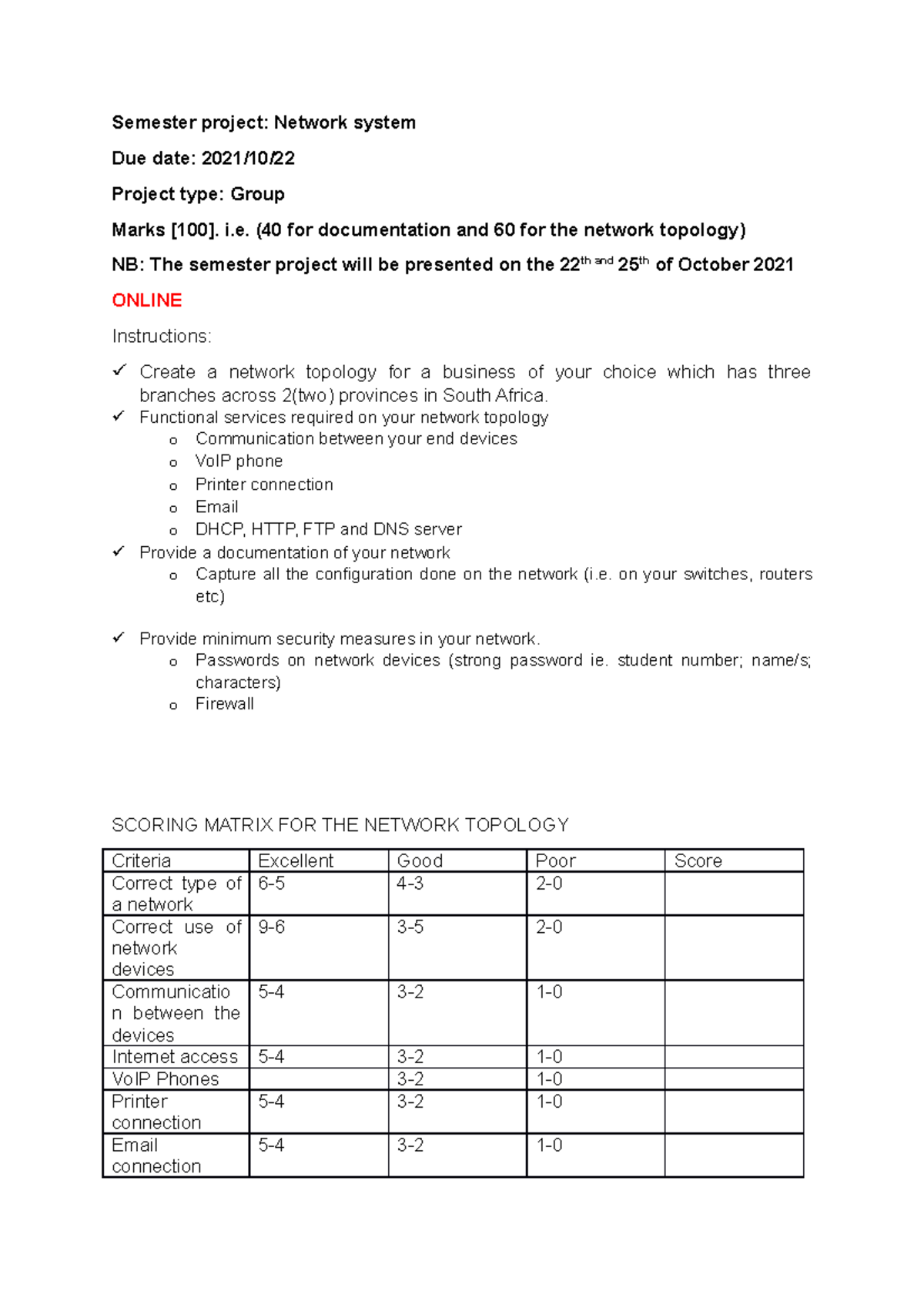 Semester project 2021 - Semester project: Network system Due date: 2021 ...