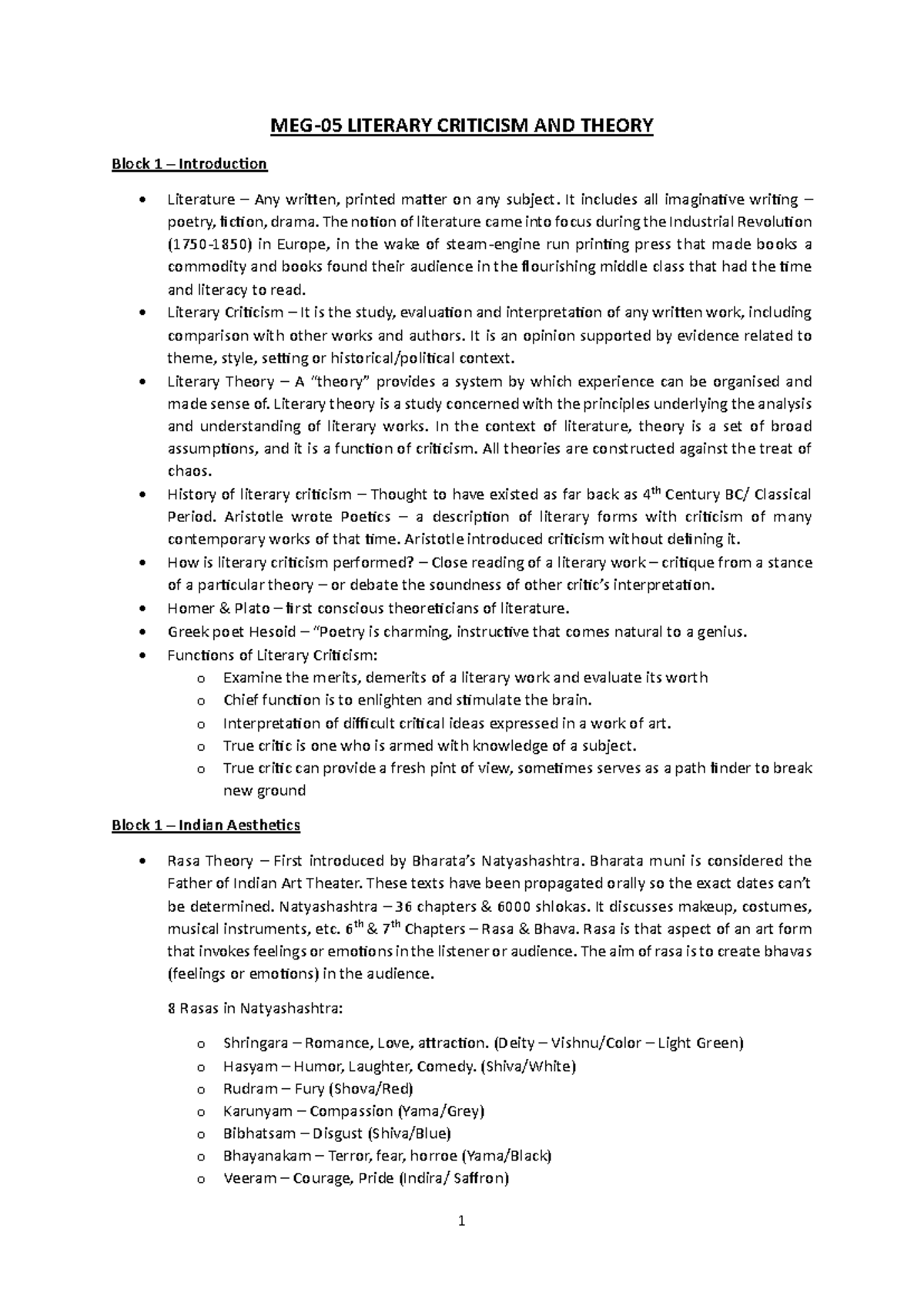 MEG05 My Notes - MEG-05 LITERARY CRITICISM AND THEORY Block 1 ...