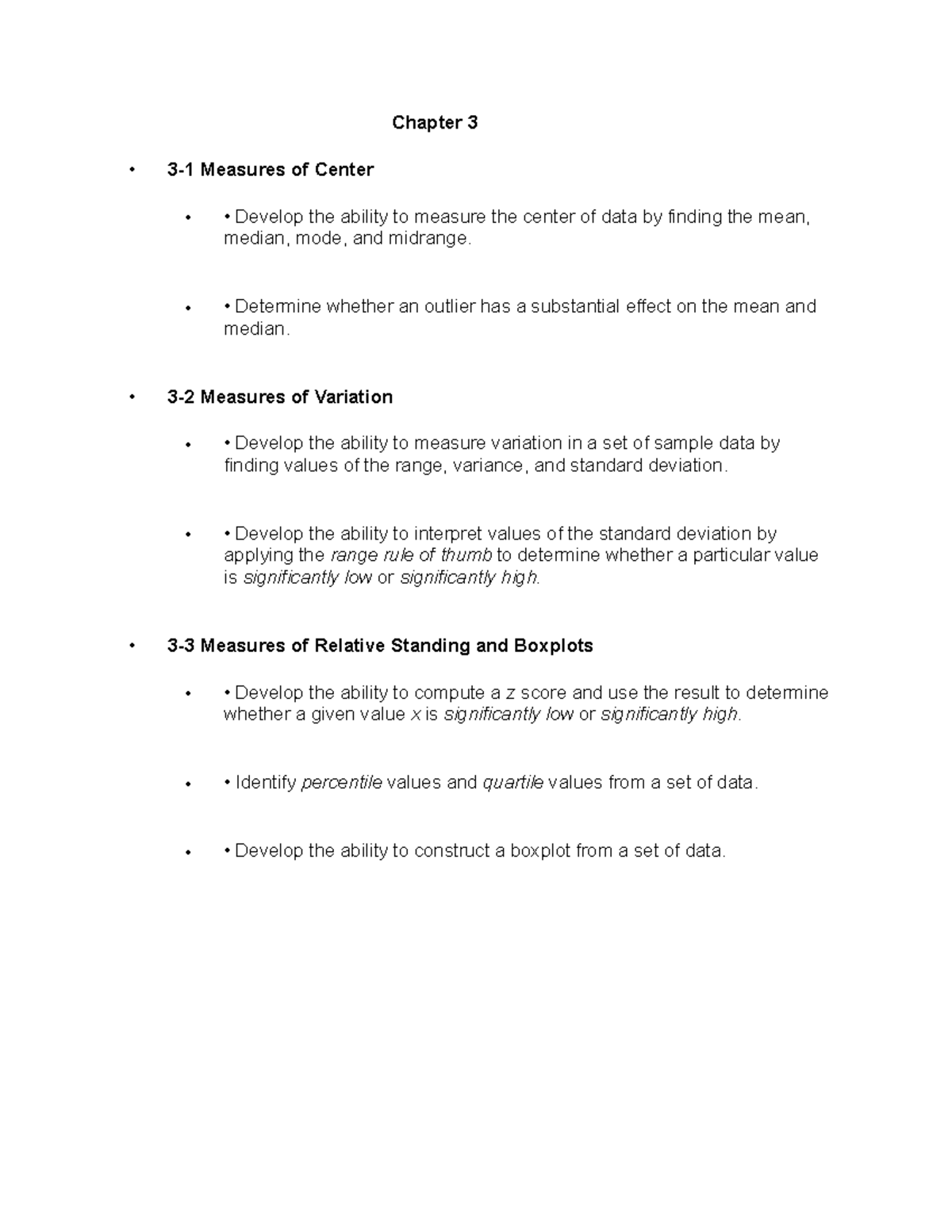 Chapter 3 math 1111 - Chapter 3 3-1 Measures of Center • Develop the ...