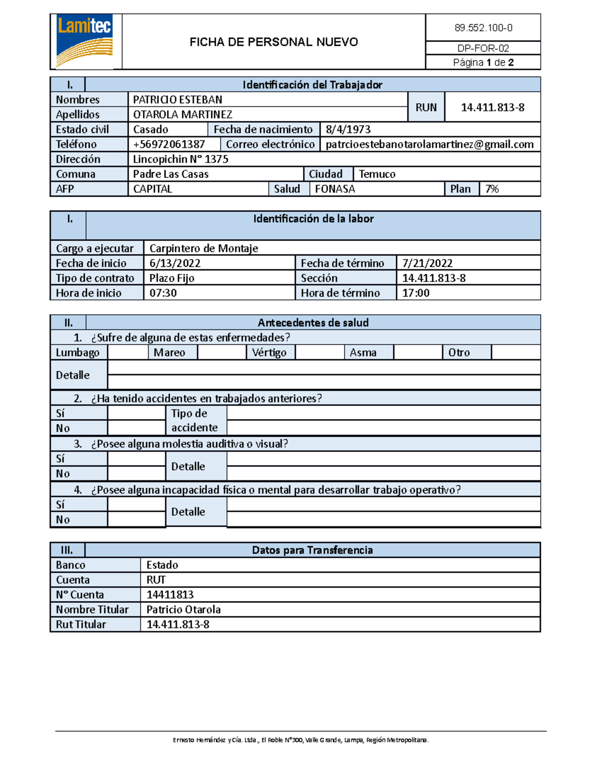 Ficha Personal Nuevo - FICHA DE PERSONAL NUEVO 89.552- DP-FOR- Página 1 ...