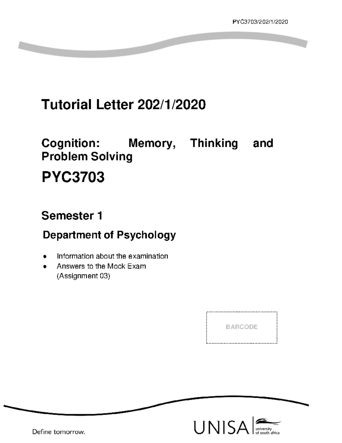 PYC3703 TUT202 2020 - Assignment Feedback - PYC3703/202/1/ Tutorial ...