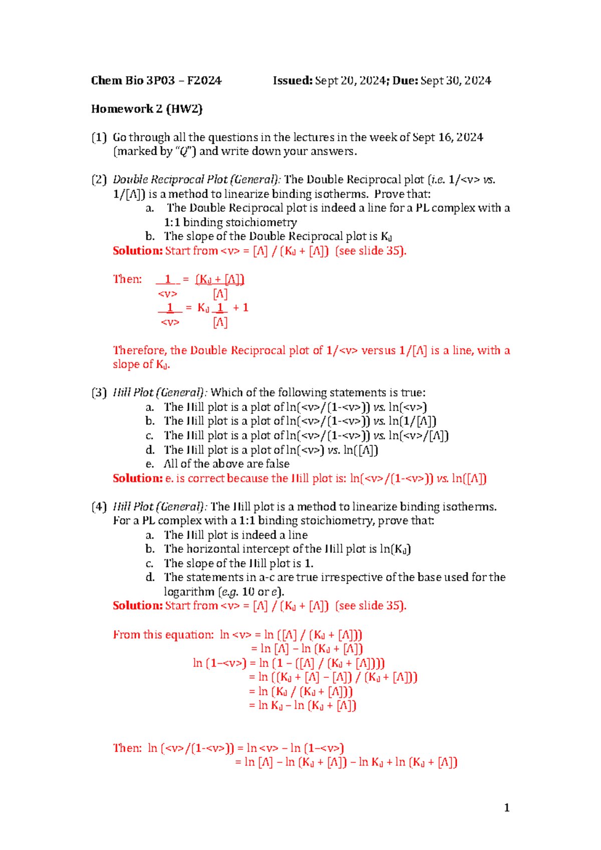 Chem Bio 3P03 - HW2 answers - Chem Bio 3P03 – F 2024 Issued: Sept 20 ...