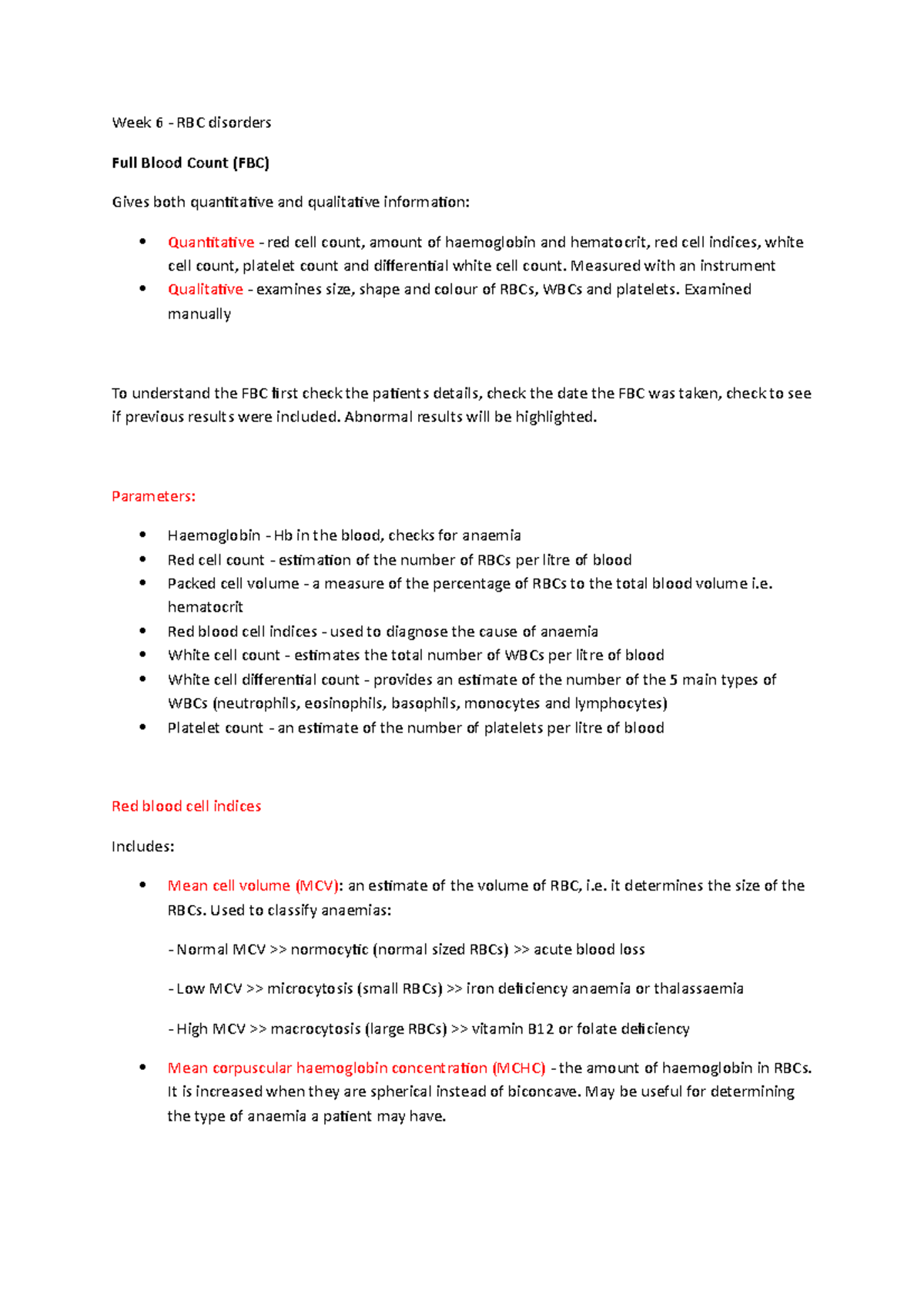 Summary - lecture 6 - Investigating RBC disorders - Week 6 - RBC ...