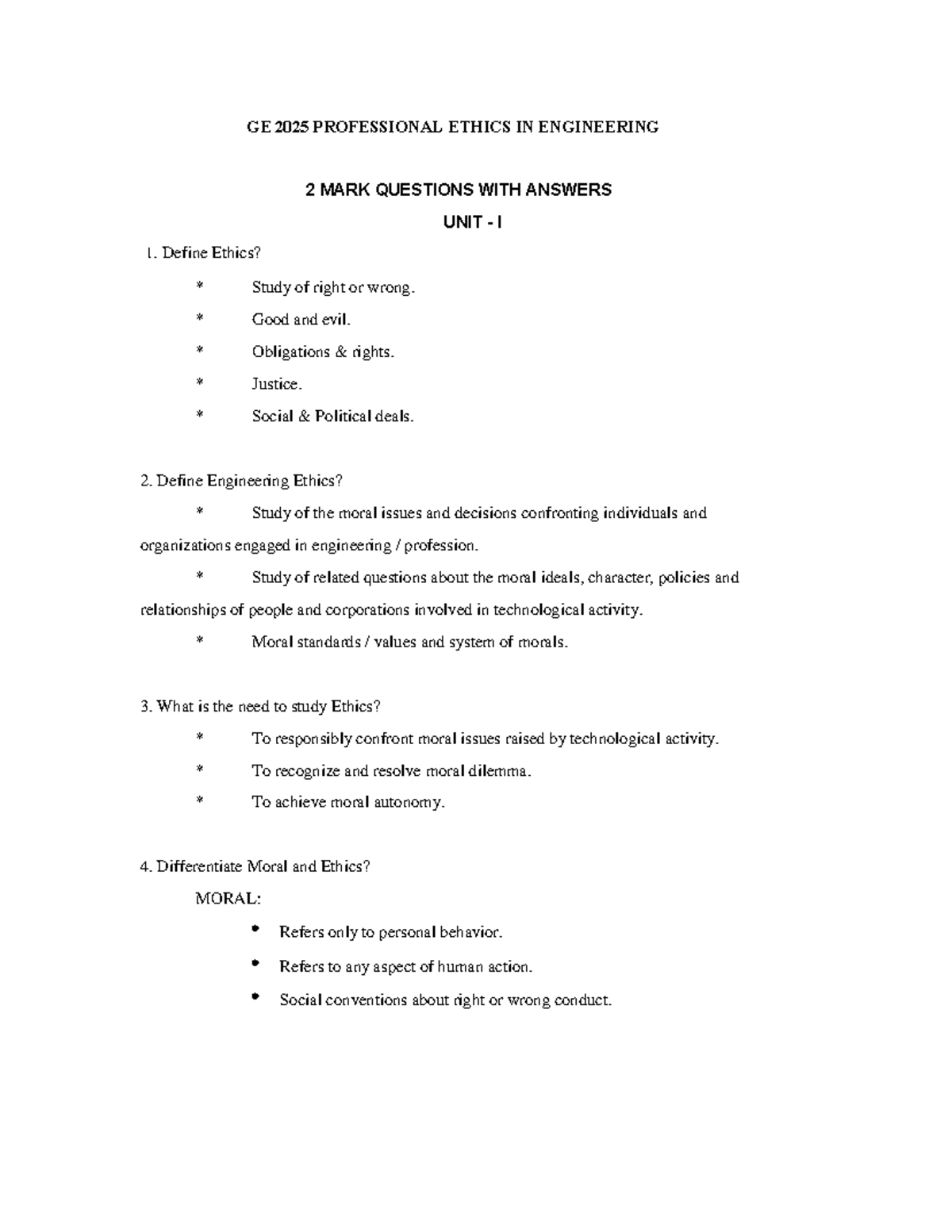 2 marks - GE 2025 PROFESSIONAL ETHICS IN ENGINEERING 2 MARK QUESTIONS ...