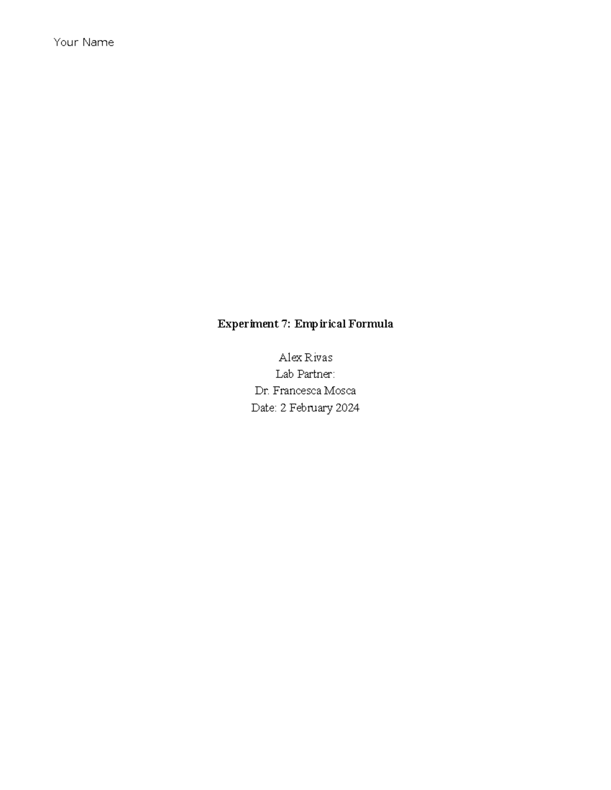 Short Report Form - GCI - Empirical Formula-1 - Your Name Experiment 7 ...