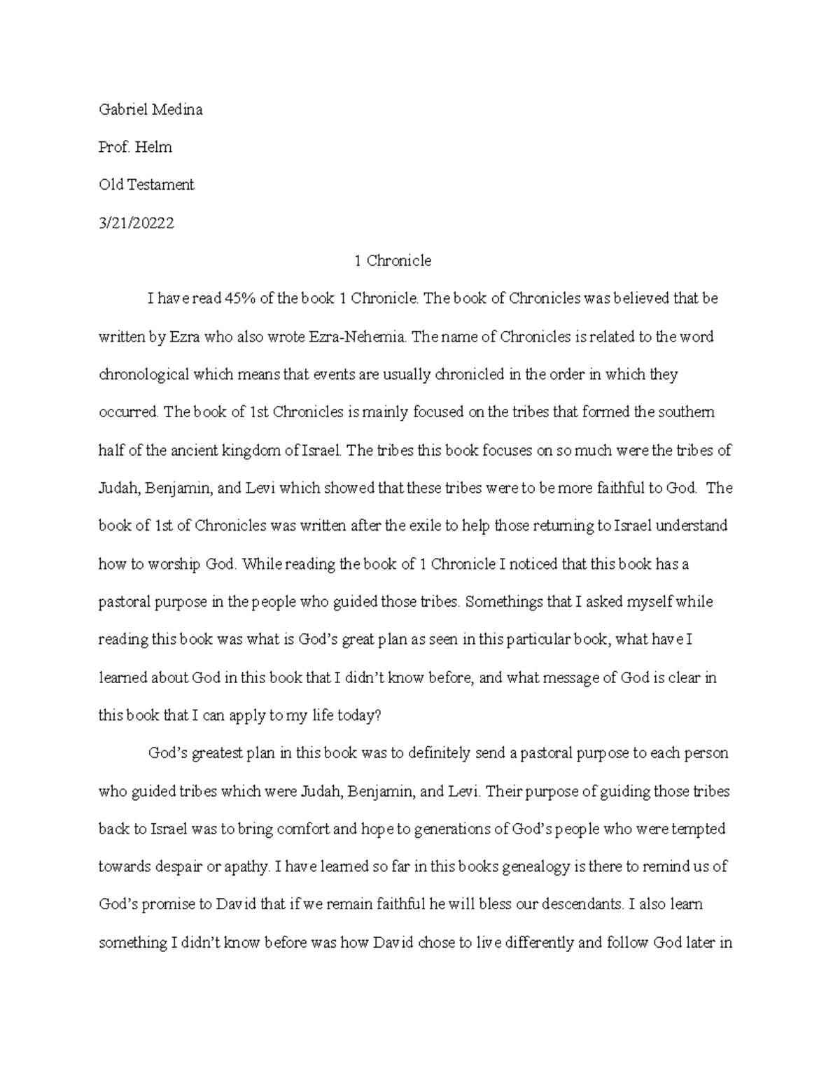 Reflection Exile and Return Paper 1st Chronicle - Gabriel Medina Prof ...