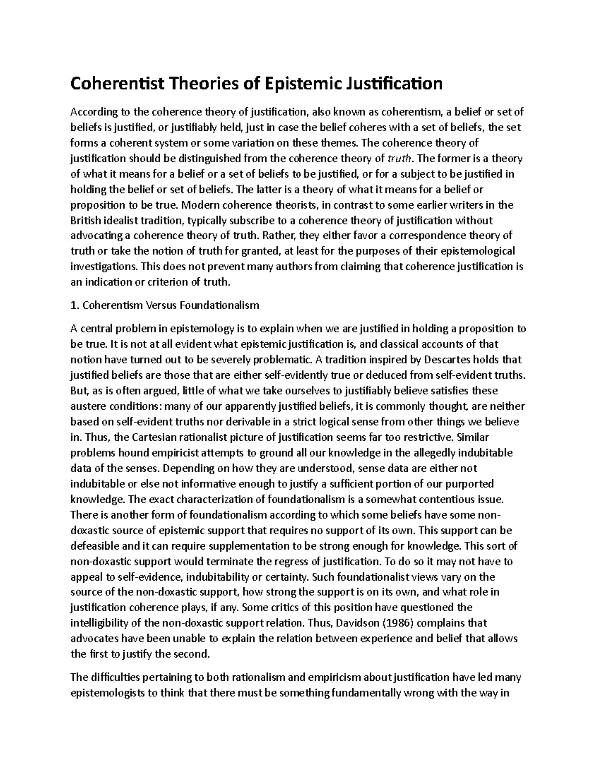 Lecture in Coherentist Theories of Epistemic Justification ...