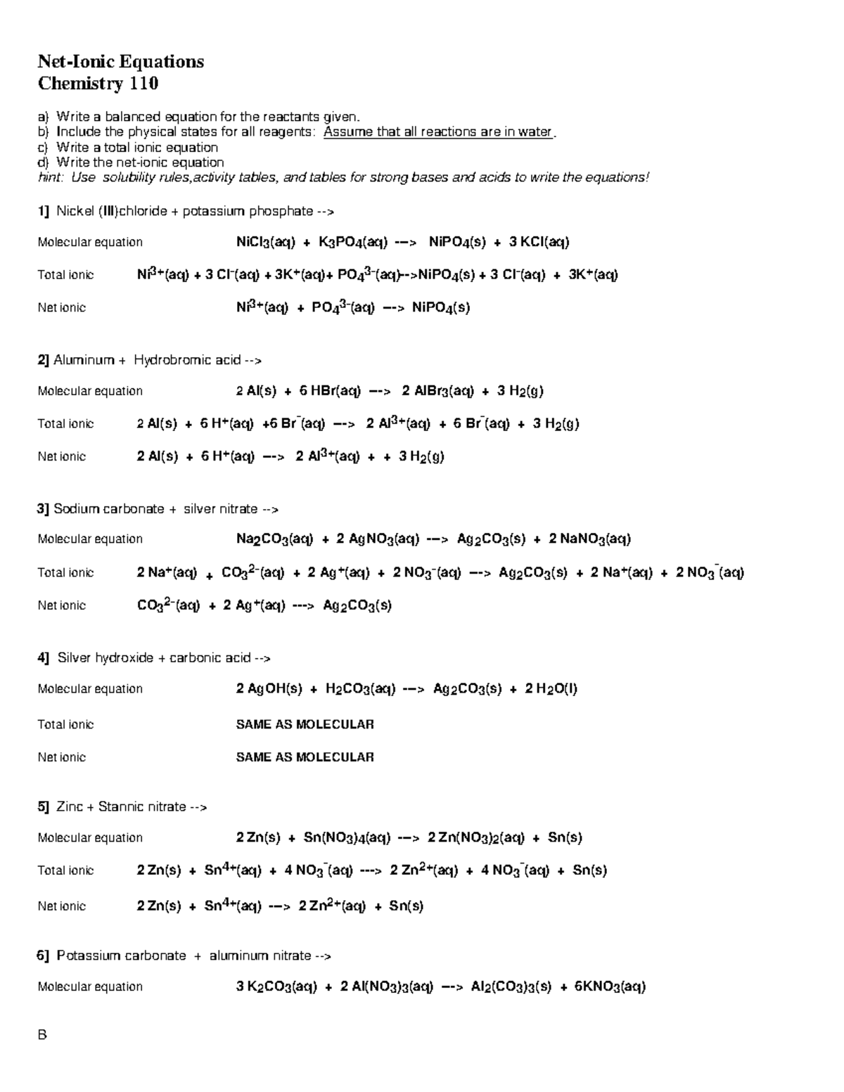 110 WS Net ionic Eqns Key - B Net-Ionic Equations Chemistry 110 a ...