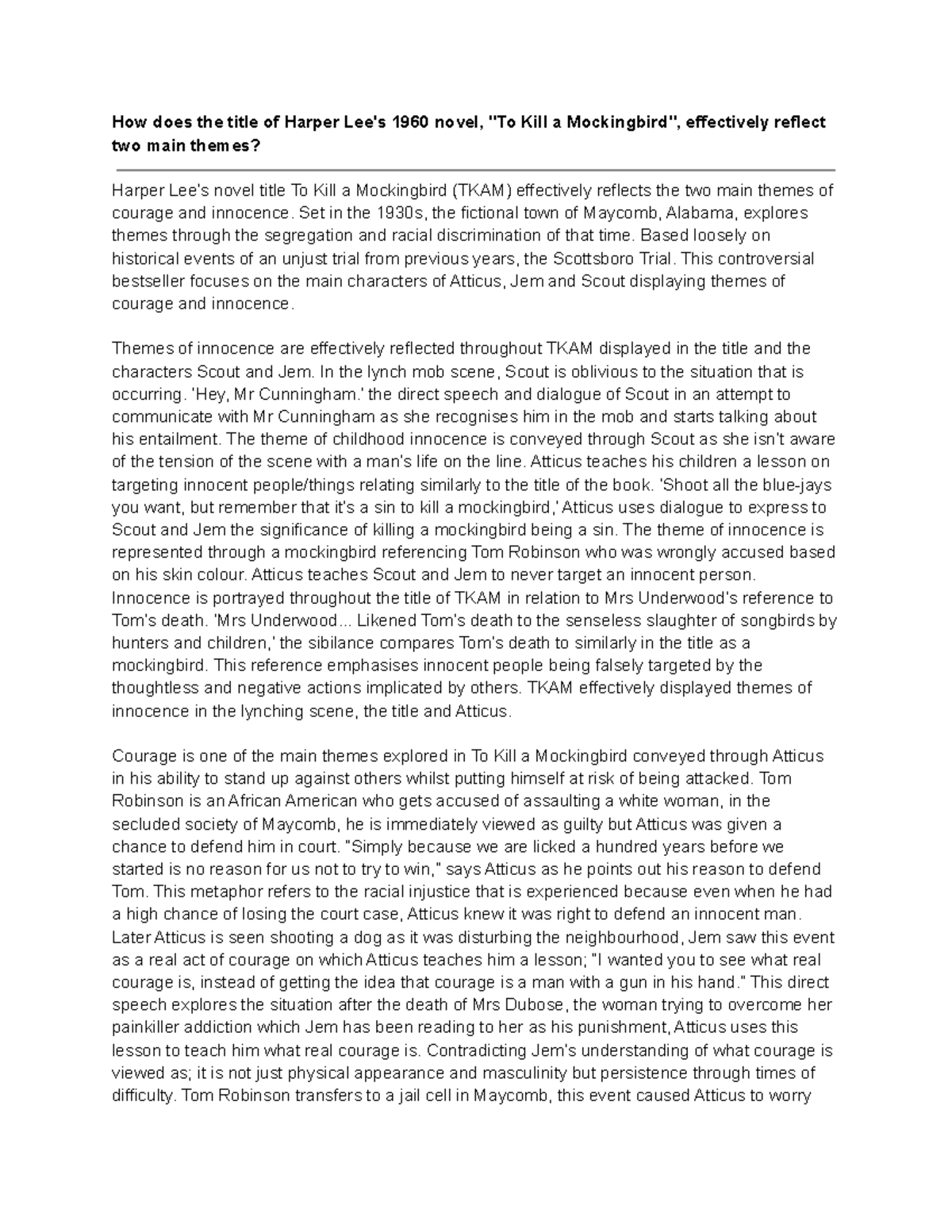 TKAM essay - How does the title of Harper Lee's 1960 novel, "To Kill a ...
