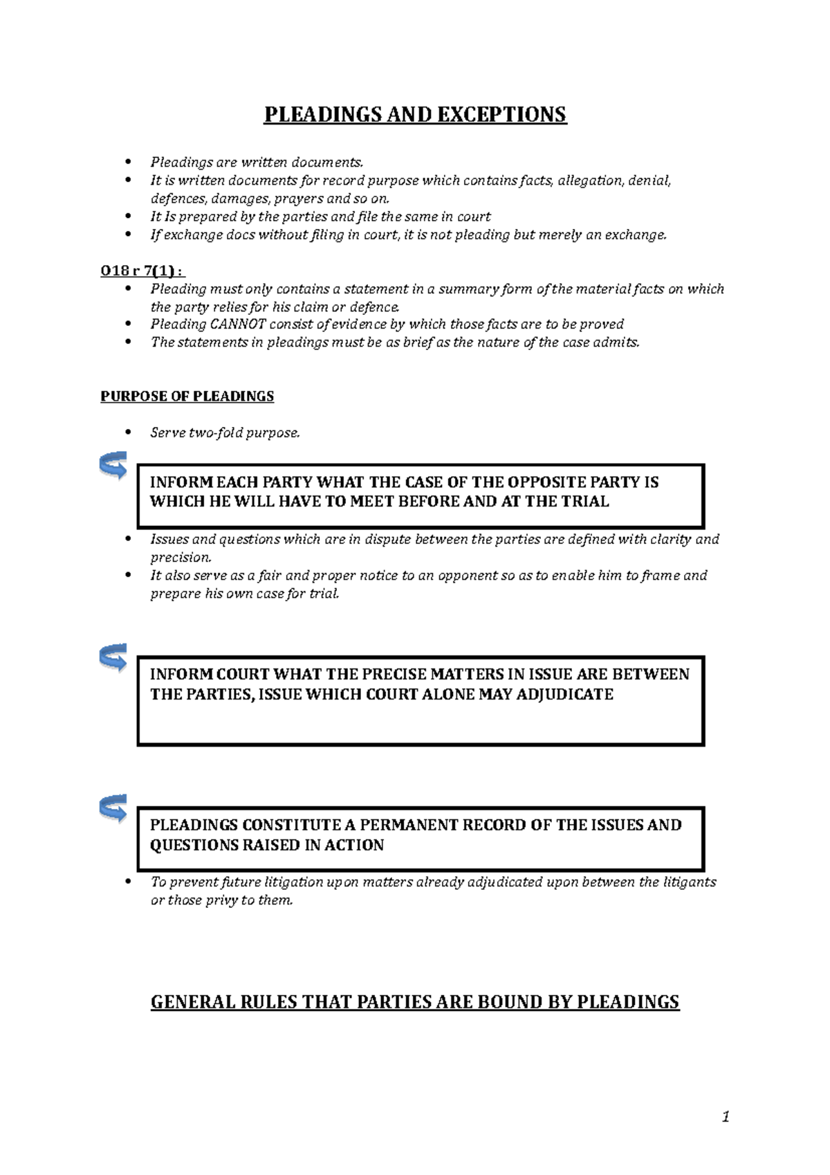Pleadings AND Exceptions - PLEADINGS AND EXCEPTIONS Pleadings are ...