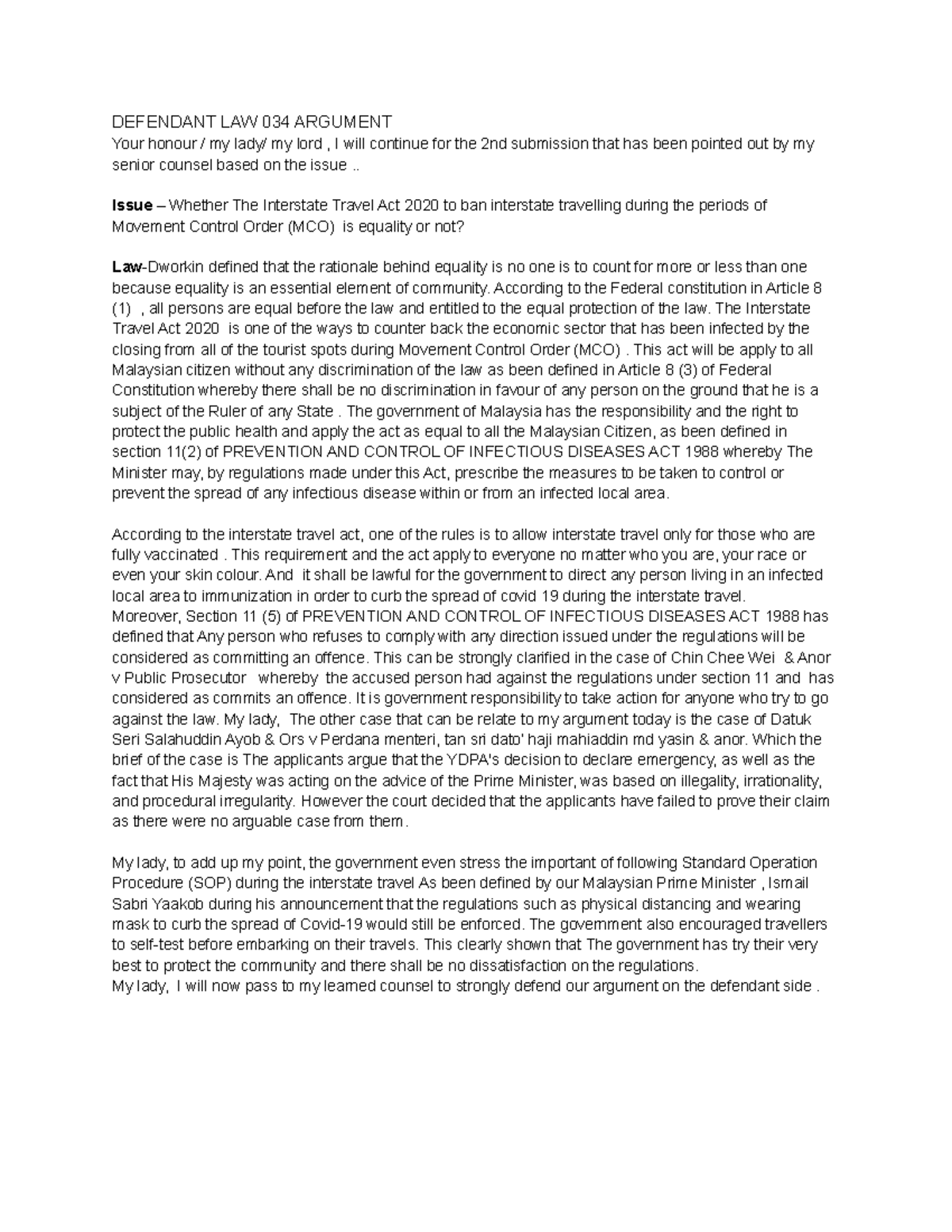 Defendant LAW 034 Argument - DEFENDANT LAW 034 ARGUMENT Your honour ...