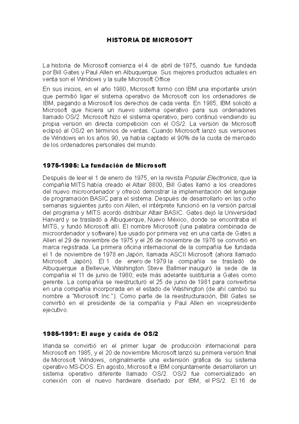 Resumen de la historia de Microsoft - HISTORIA DE MICROSOFT La historia ...