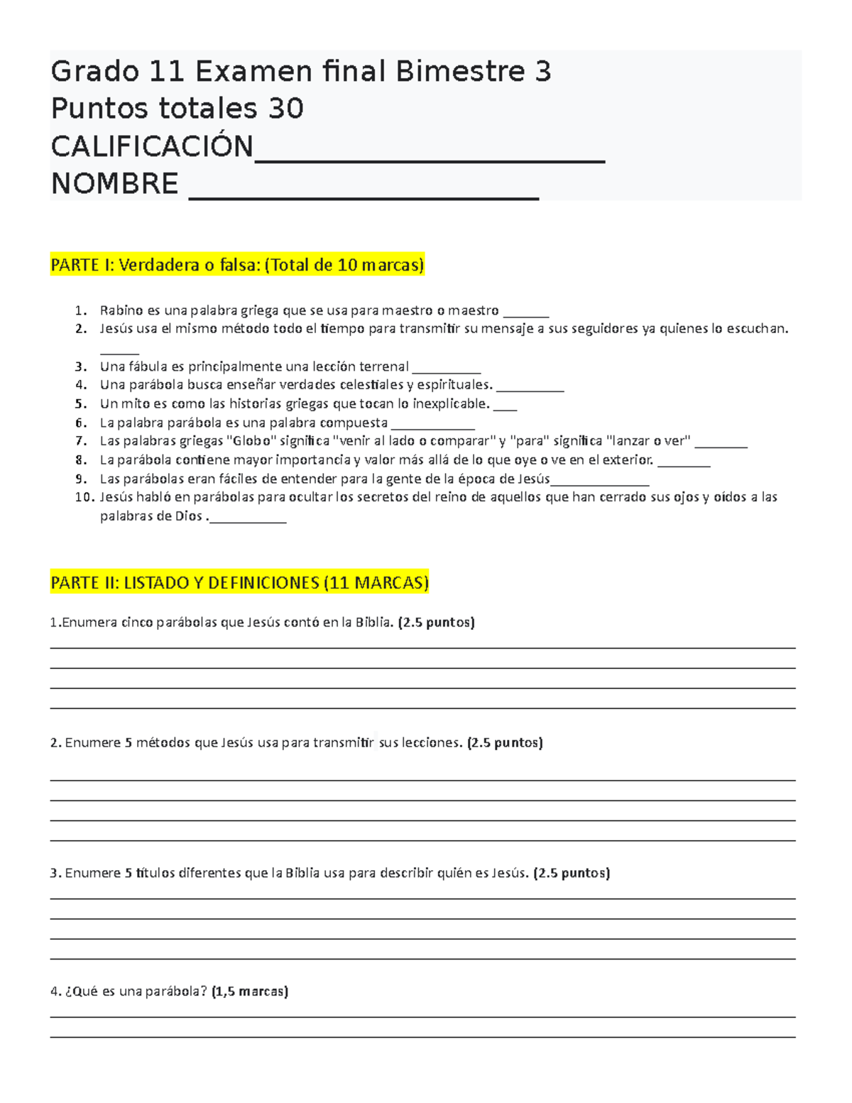 Grade 11 Final Exam- Spanish examen final cuando lo necesiten sera una ...