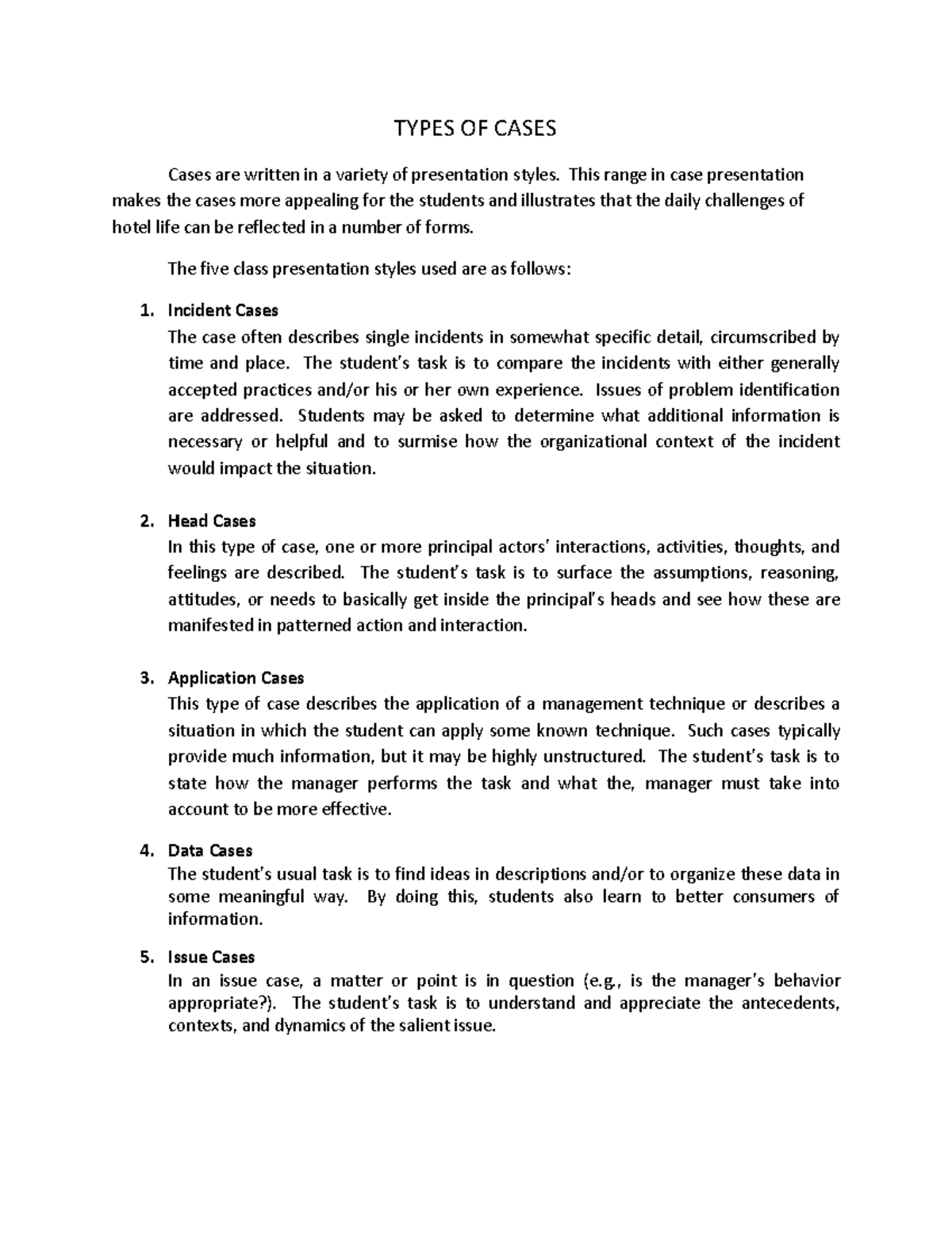 Types of cases - Kinds of Research - TYPES OF CASES Cases are written ...