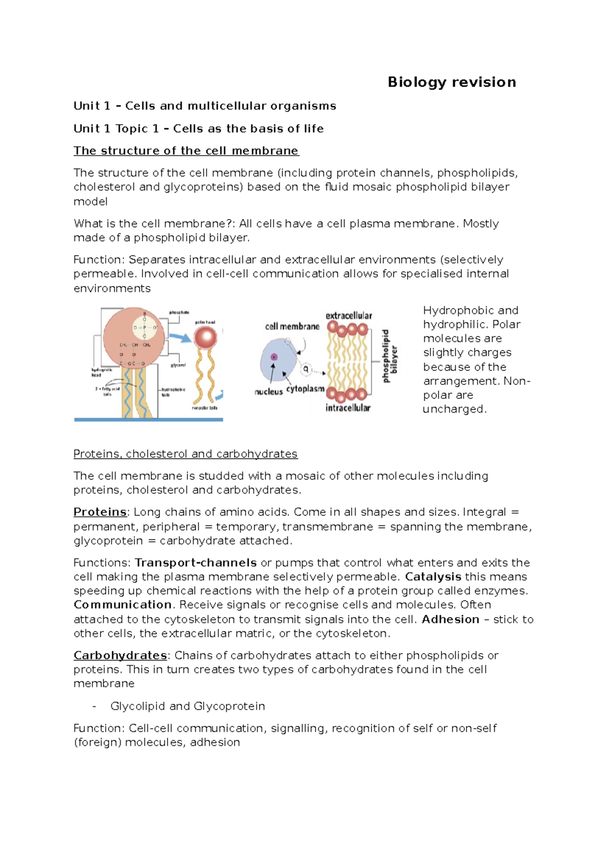 Biology revision - Unit 1 - Edrolo notes - Biology revision Unit 1 ...