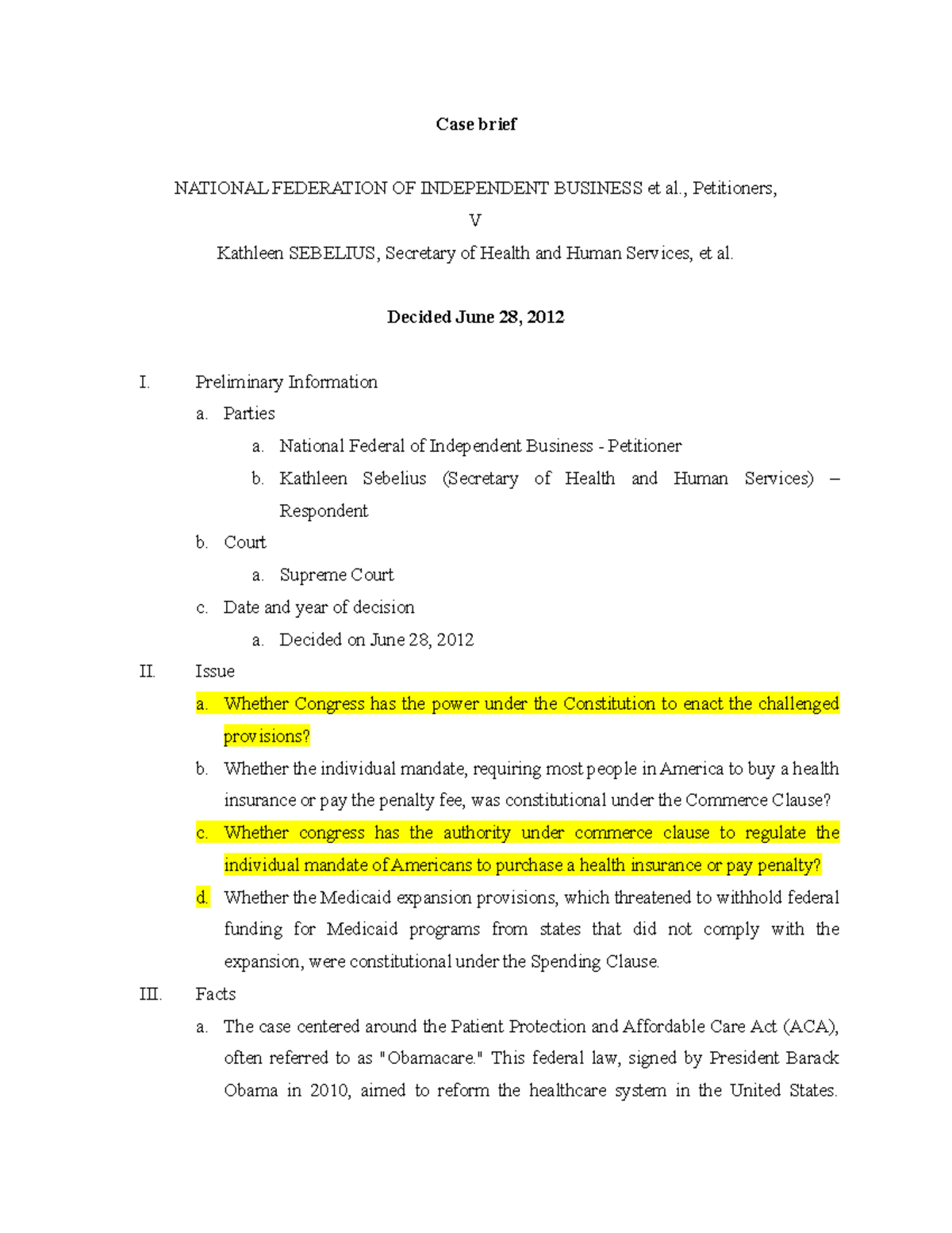 Case brief Sebelius - Case brief NATIONAL FEDERATION OF INDEPENDENT ...