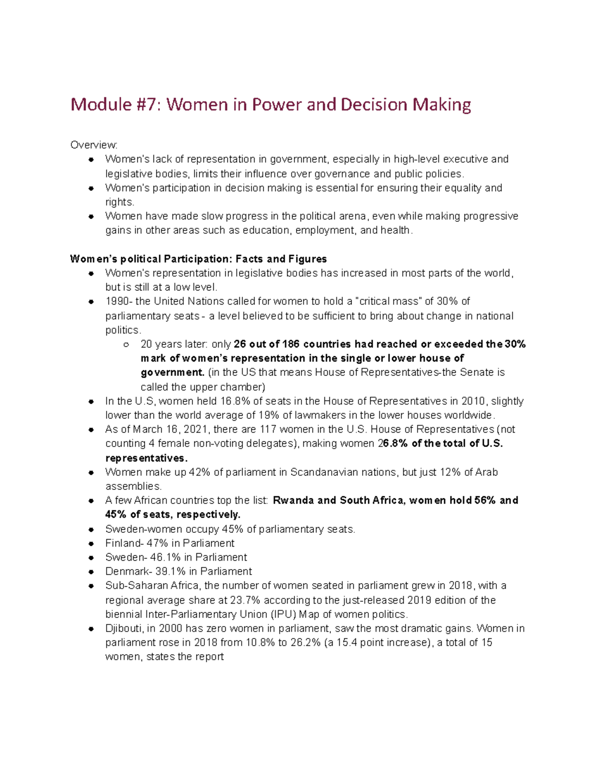 FHCE Final Exam study guide - Module #7: Women in Power and Decision ...
