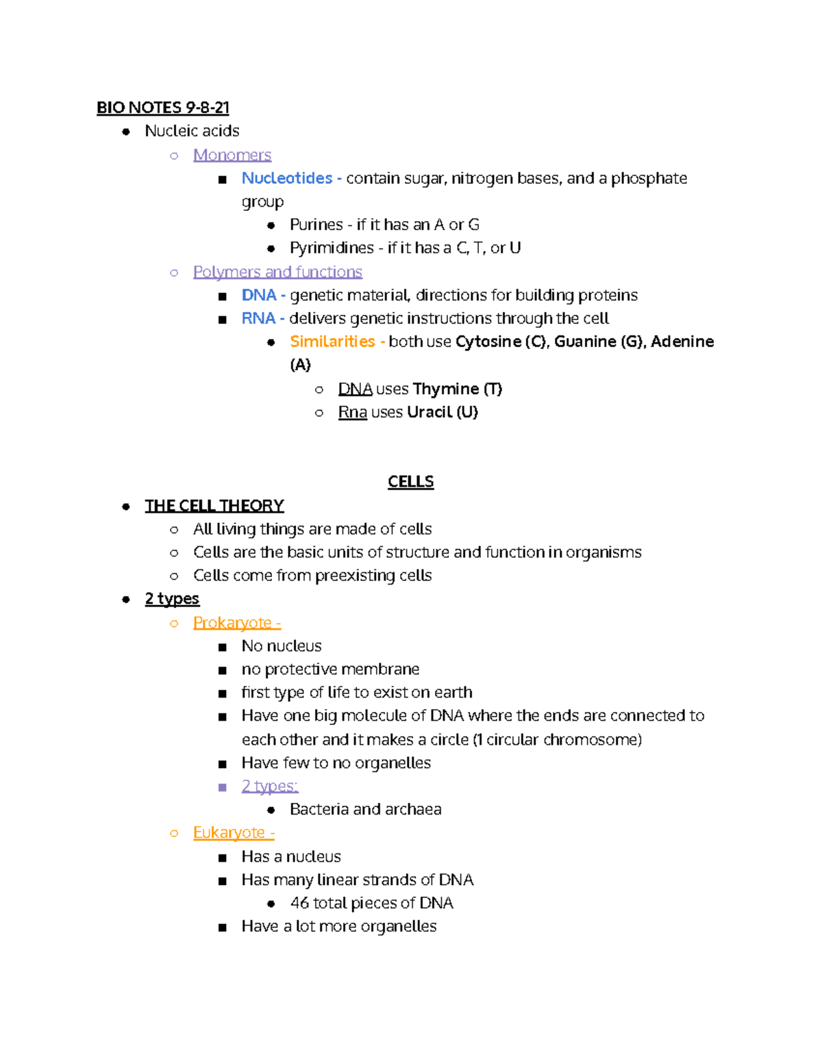 BIO Notes cell theory - BIO NOTES 9-8- Nucleic acids Monomers ...