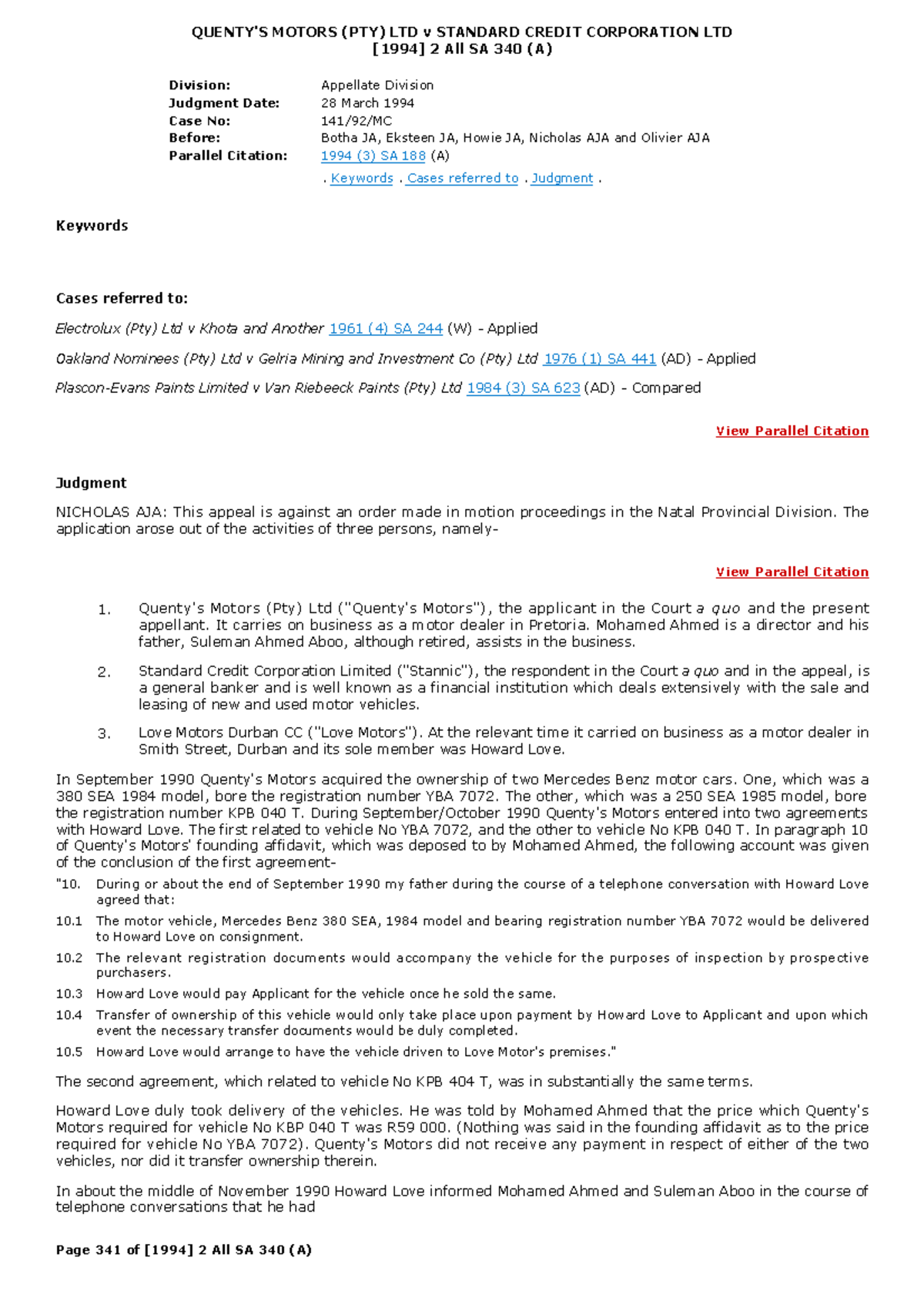 Quenty'S Motors (PTY) LTD v Standard Credit Corporation LTD [1994] 2 ...